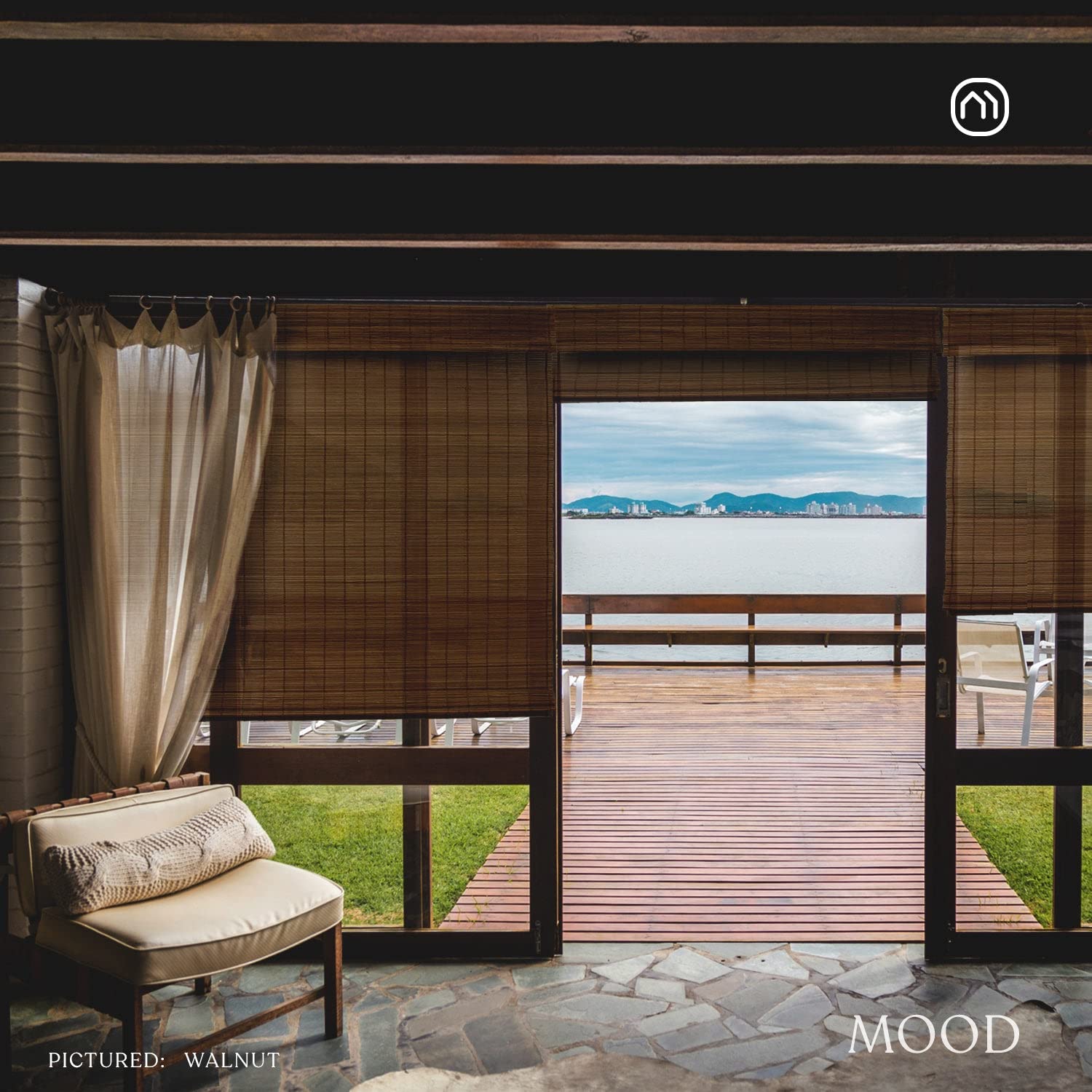 MOOD Custom Bamboo Shades | Rustic | Cordless Bamboo Roman Shades for Windows and Doors (Natural Woven) | Rustic Walnut (Great Privacy) | Custom Size
