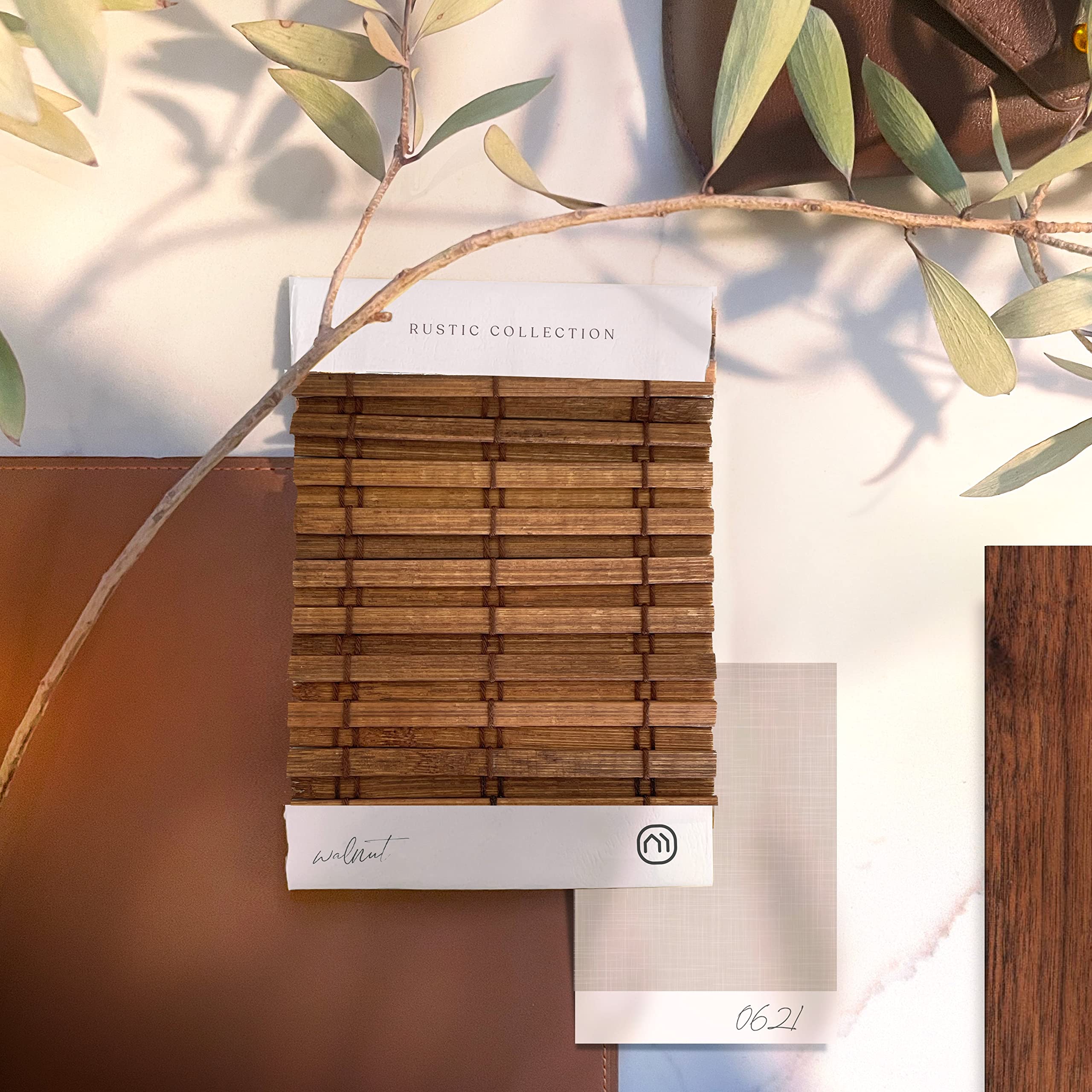 MOOD Custom Bamboo Shades | Rustic | Cordless Bamboo Roman Shades for Windows and Doors (Natural Woven) | Rustic Walnut (Great Privacy) | Custom Size