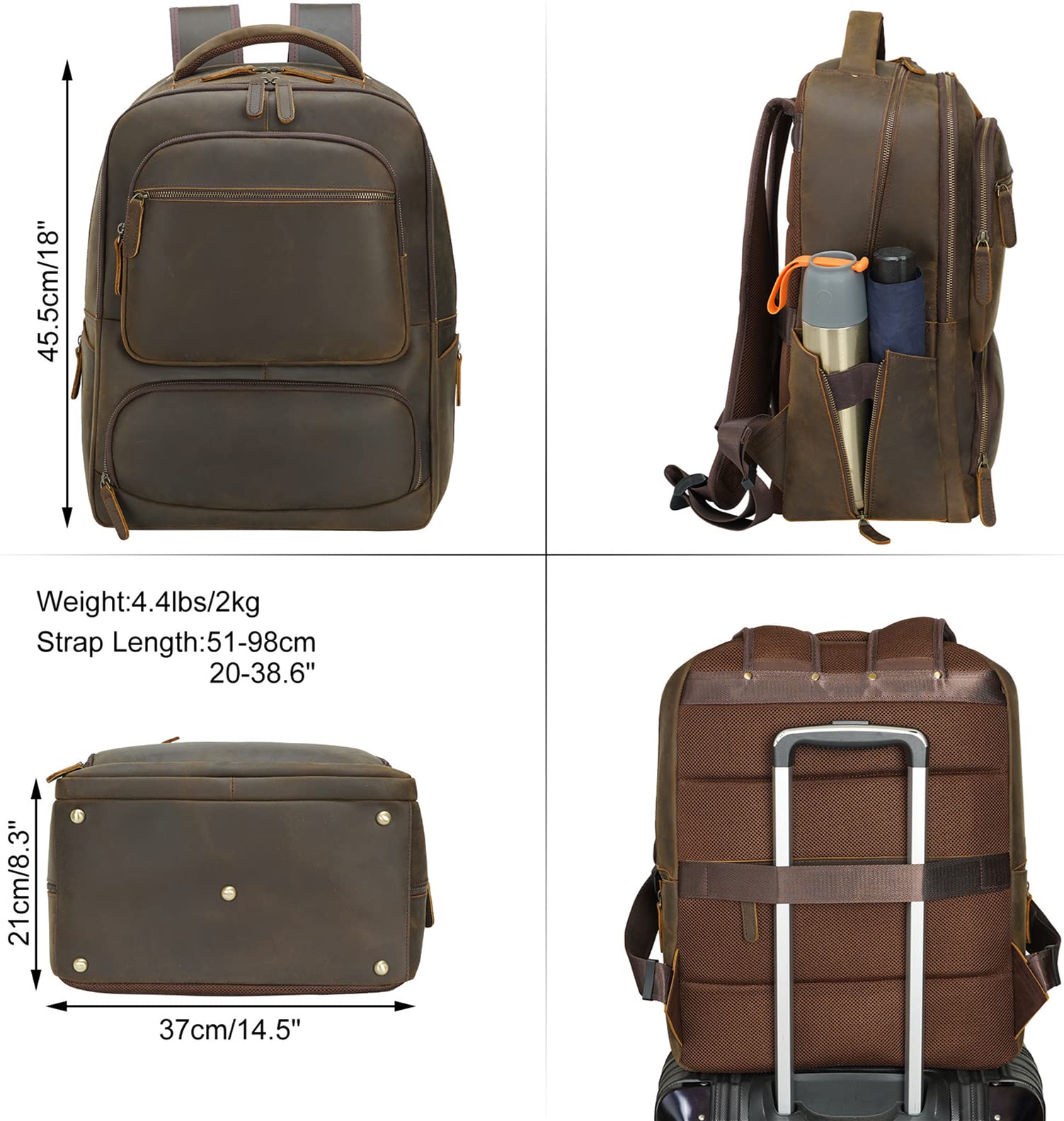 Masa Kawa Large Full Grain Leather 17.3" Laptop Backpack for Men Vintage Brown College School Bookbag Business Travel Work Casual Daypack Rucksack Bag