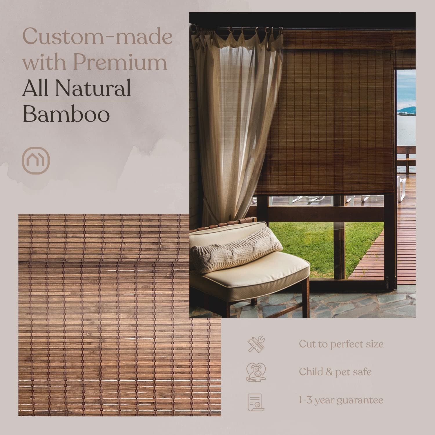MOOD Custom Bamboo Shades | Rustic | Cordless Bamboo Roman Shades for Windows and Doors (Natural Woven) | Rustic Walnut (Great Privacy) | Custom Size