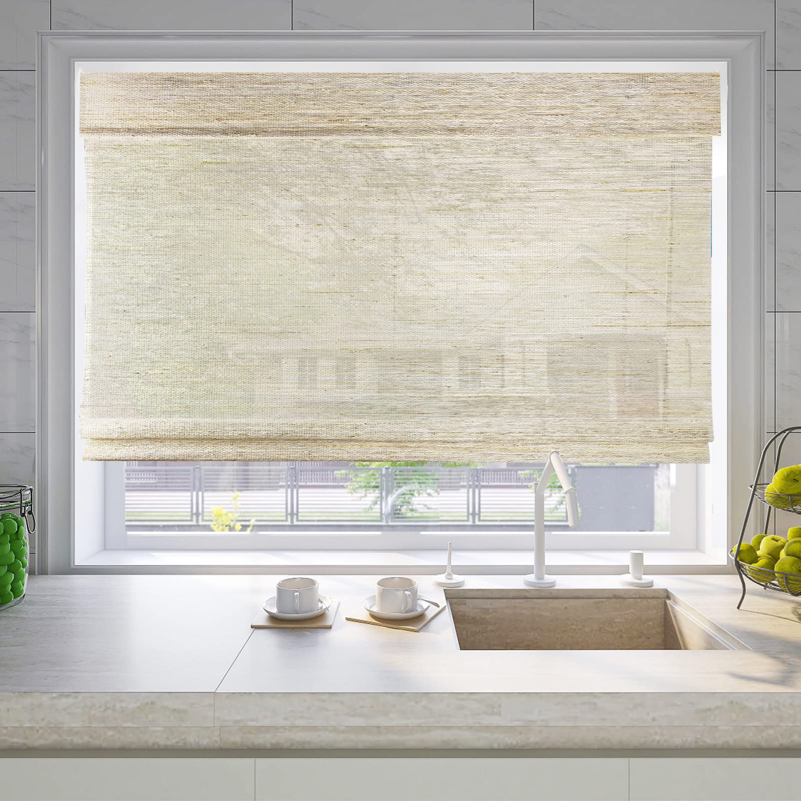 Cordless Nature Window Shades Blinds, 100% Linen Roman Shades, Pattern 10