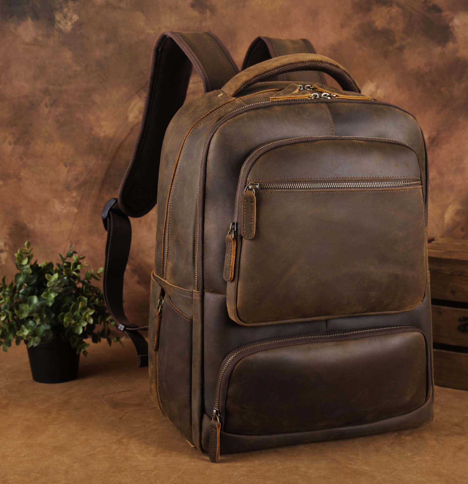 Masa Kawa Large Full Grain Leather 17.3" Laptop Backpack for Men Vintage Brown College School Bookbag Business Travel Work Casual Daypack Rucksack Bag