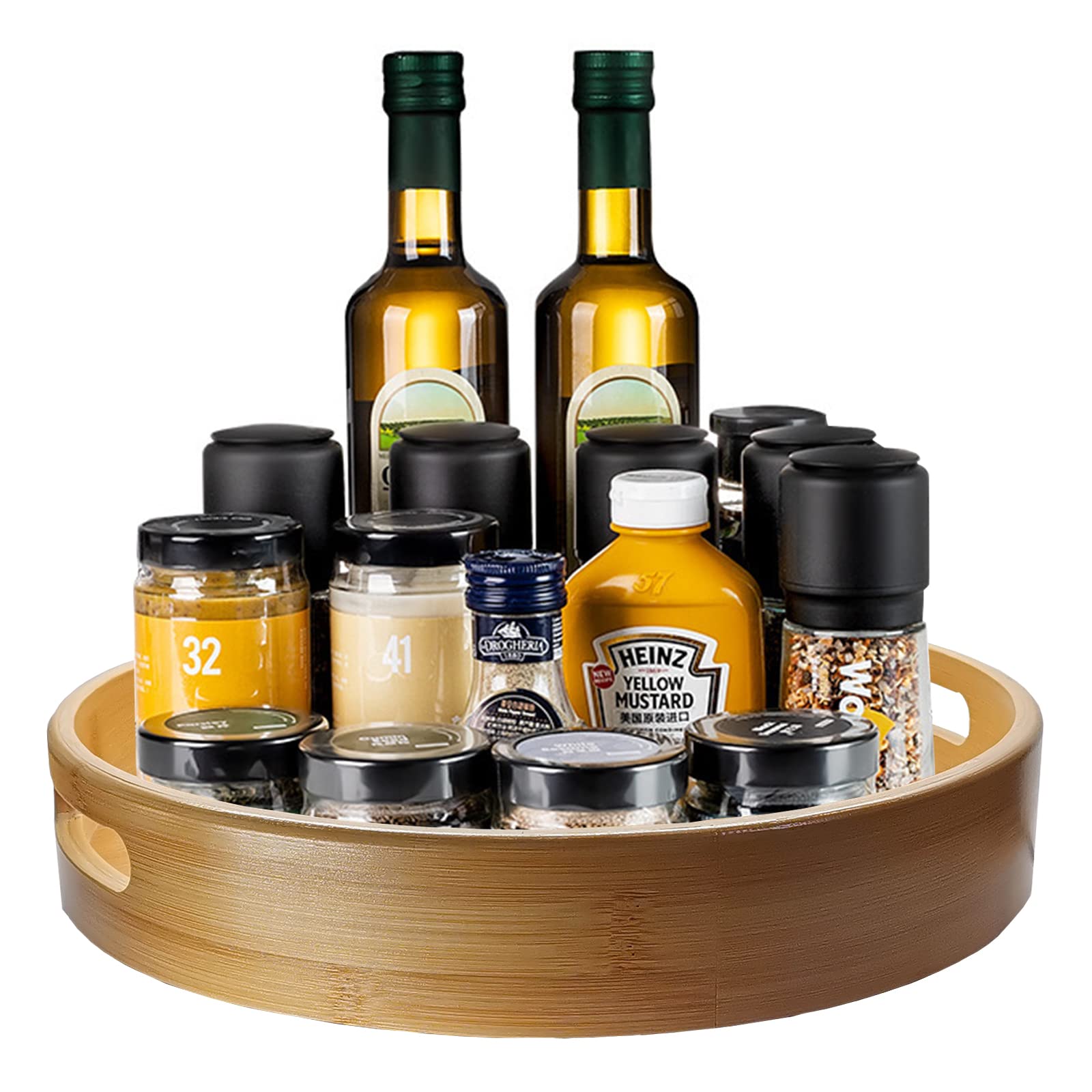 10 Inch Bamboo Lazy Susan Organizer, Wooden Turntable for Kitchen Countertop, Wood Rotating Tray Turn Table with Handle, Spinning Spice Rack for Cabinet Pantry Counter Top Organization