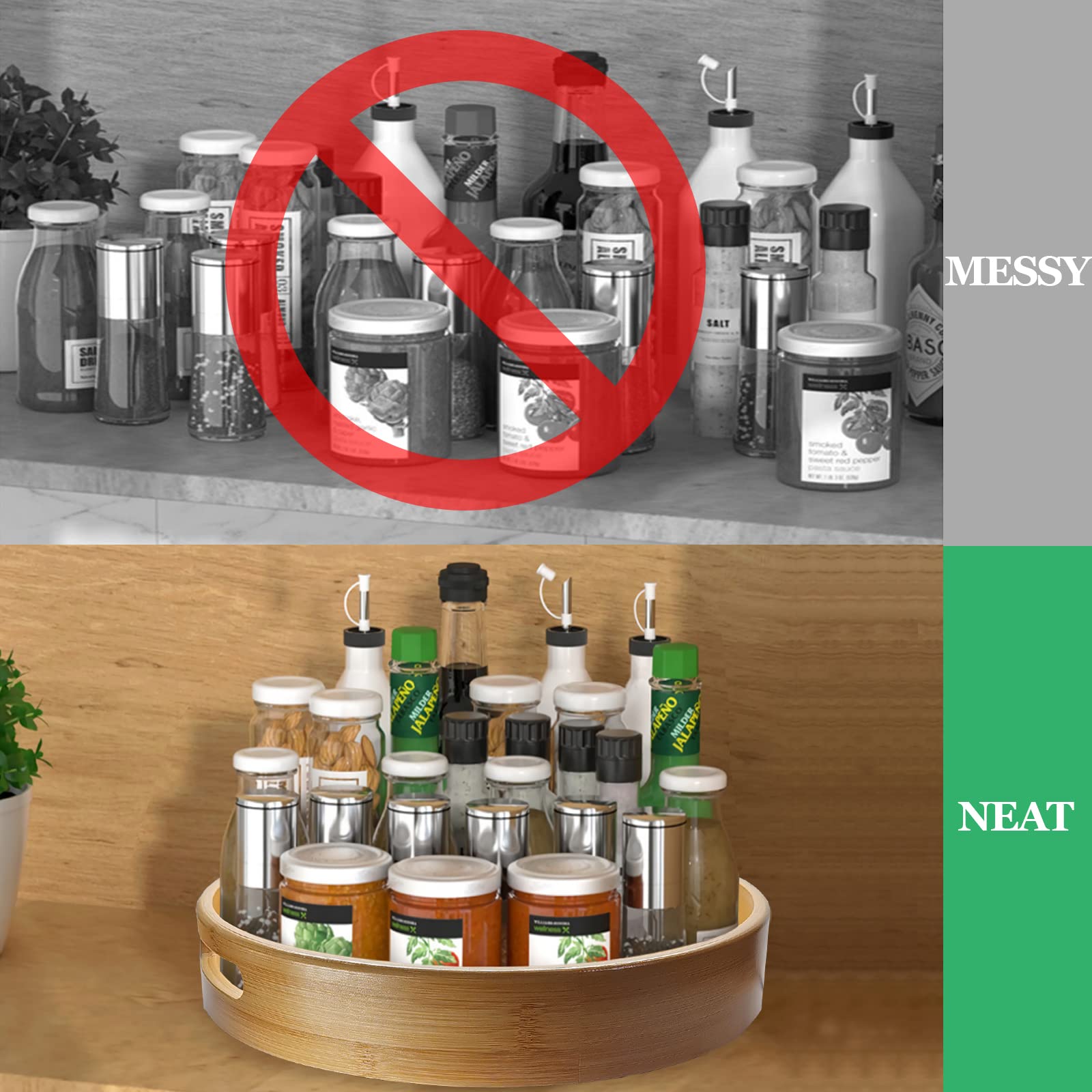 10 Inch Bamboo Lazy Susan Organizer, Wooden Turntable for Kitchen Countertop, Wood Rotating Tray Turn Table with Handle, Spinning Spice Rack for Cabinet Pantry Counter Top Organization
