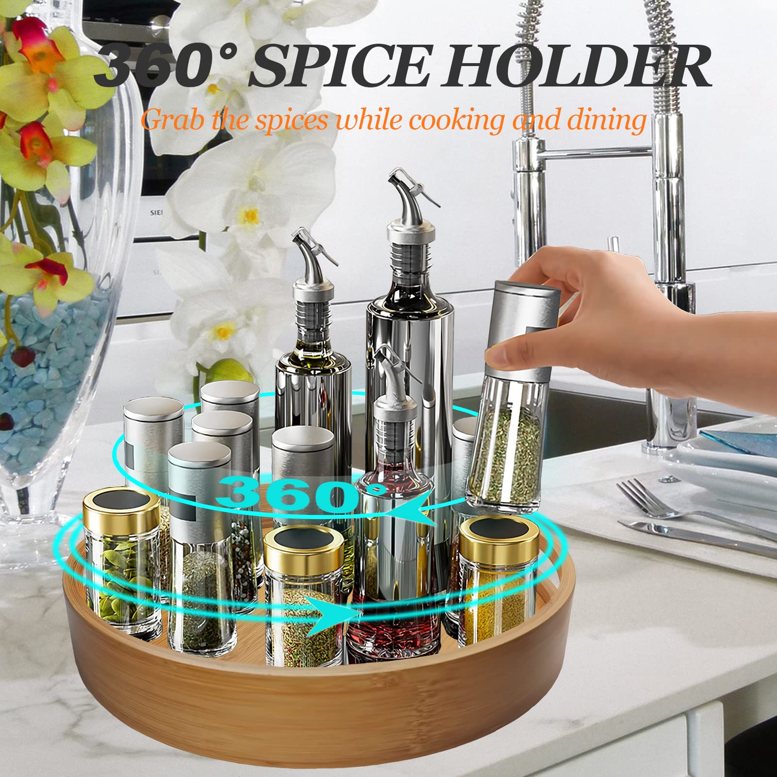 10 Inch Bamboo Lazy Susan Organizer, Wooden Turntable for Kitchen Countertop, Wood Rotating Tray Turn Table with Handle, Spinning Spice Rack for Cabinet Pantry Counter Top Organization