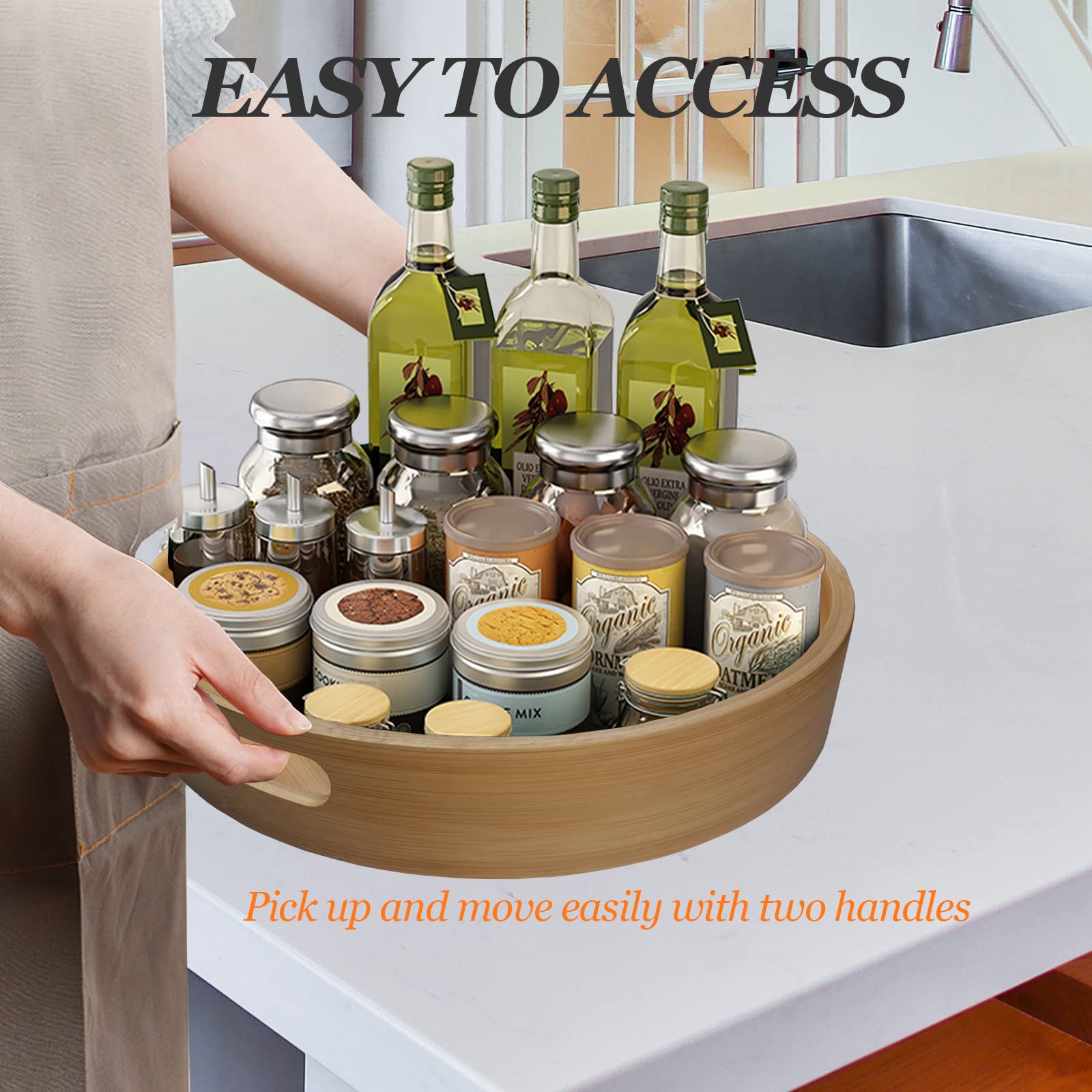 10 Inch Bamboo Lazy Susan Organizer, Wooden Turntable for Kitchen Countertop, Wood Rotating Tray Turn Table with Handle, Spinning Spice Rack for Cabinet Pantry Counter Top Organization