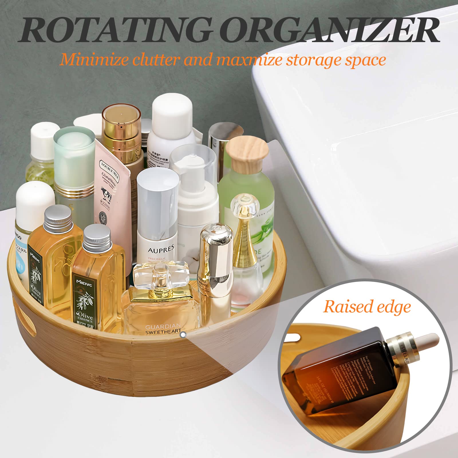10 Inch Bamboo Lazy Susan Organizer, Wooden Turntable for Kitchen Countertop, Wood Rotating Tray Turn Table with Handle, Spinning Spice Rack for Cabinet Pantry Counter Top Organization
