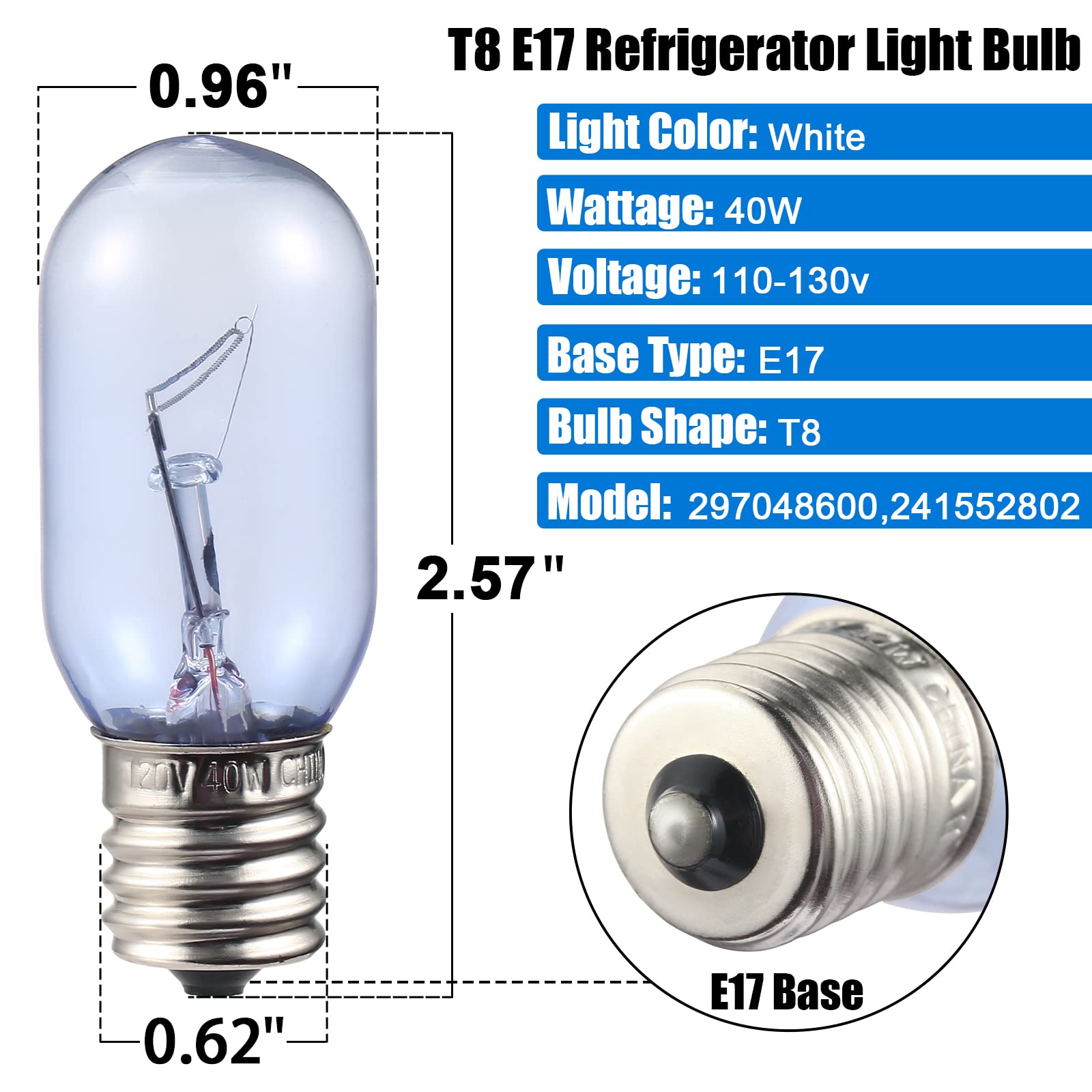 297048600 241552802 Refrigerator Light Bulb Replacement for Frigidaire Whirlpool KitchenAid Electrolx Kenmore Fridge Light Bulbs Freezer Light Bulb Replacement-T8 E17 40W (2 Pack)