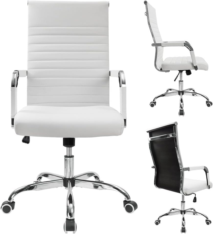Office Chair,Ergonomic Office Chair Ribbed Office Desk Chair Mid-Back PU Leather Executive Conference Task Chair Adjustable Swivel Chair with Arms Home Office Desk Chair,