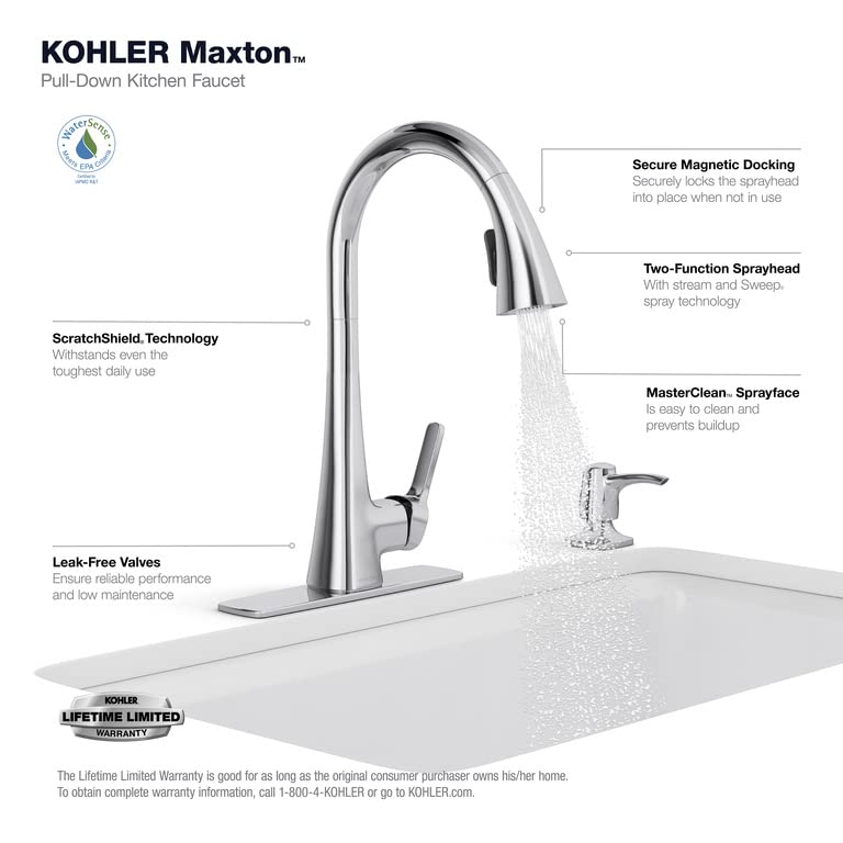 KOHLER R22867-SD-BL Maxton Pull-Down Kitchen Faucet with Soap Dispenser, Pull Down Sprayer, Matte Black