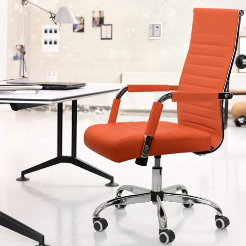 Office Chair,Ergonomic Office Chair Ribbed Office Desk Chair Mid-Back PU Leather Executive Conference Task Chair Adjustable Swivel Chair with Arms Home Office Desk Chair,