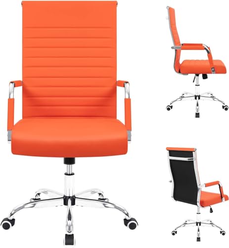 Office Chair,Ergonomic Office Chair Ribbed Office Desk Chair Mid-Back PU Leather Executive Conference Task Chair Adjustable Swivel Chair with Arms Home Office Desk Chair,