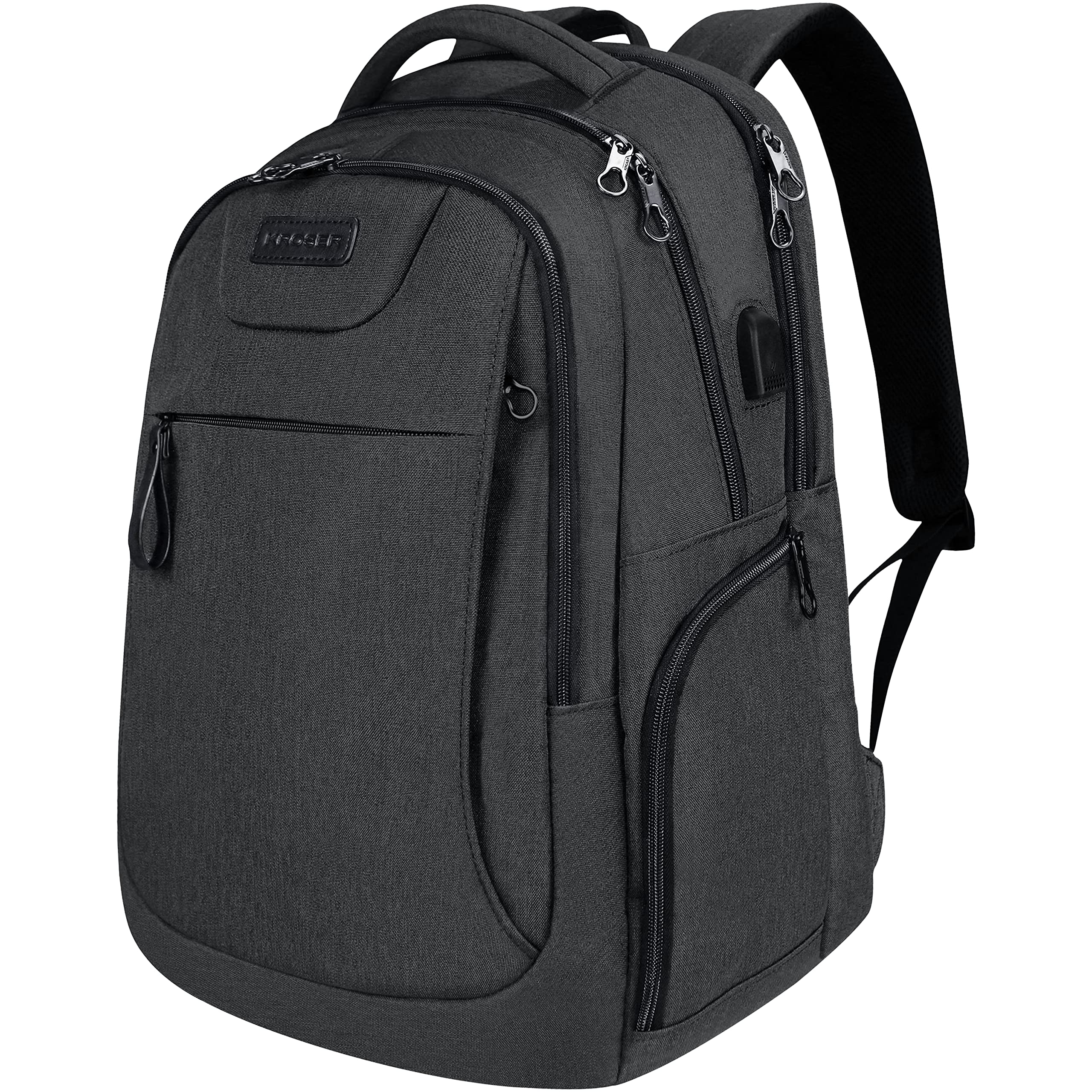 KROSER Laptop Backpack for 17.3 Inch Laptop Anti-Theft Large Computer Backpack with USB Charging Port Water-Repellent Casual Daypack for Travel/Business/School/College/Men/Women-Charcoal Black