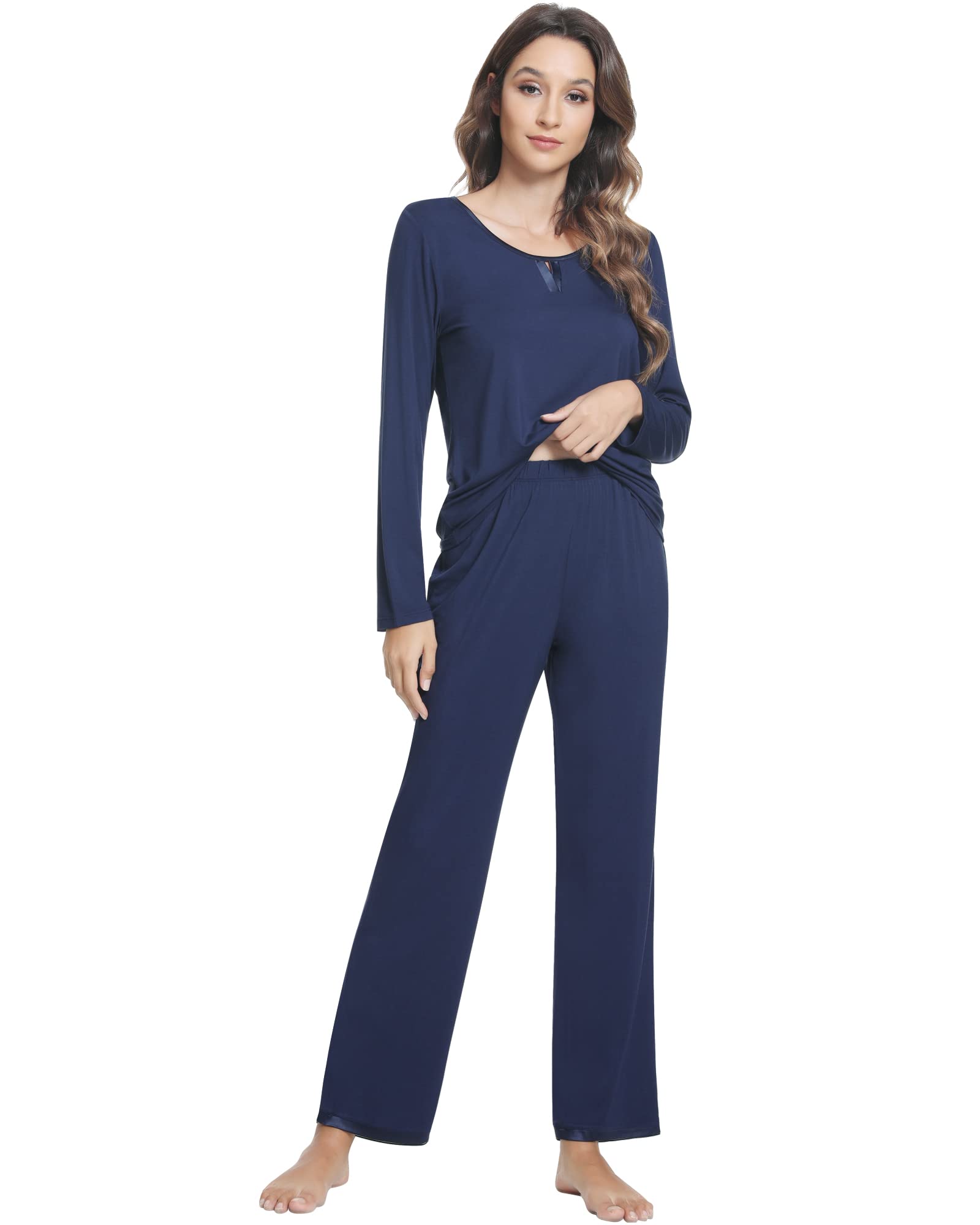 NACHILA Pajamas Set for Women Long Sleeve Pjs Soft Sleepwear Comfy Loungewear Sets with Pants, Viscose Made from Bamboo Navy M