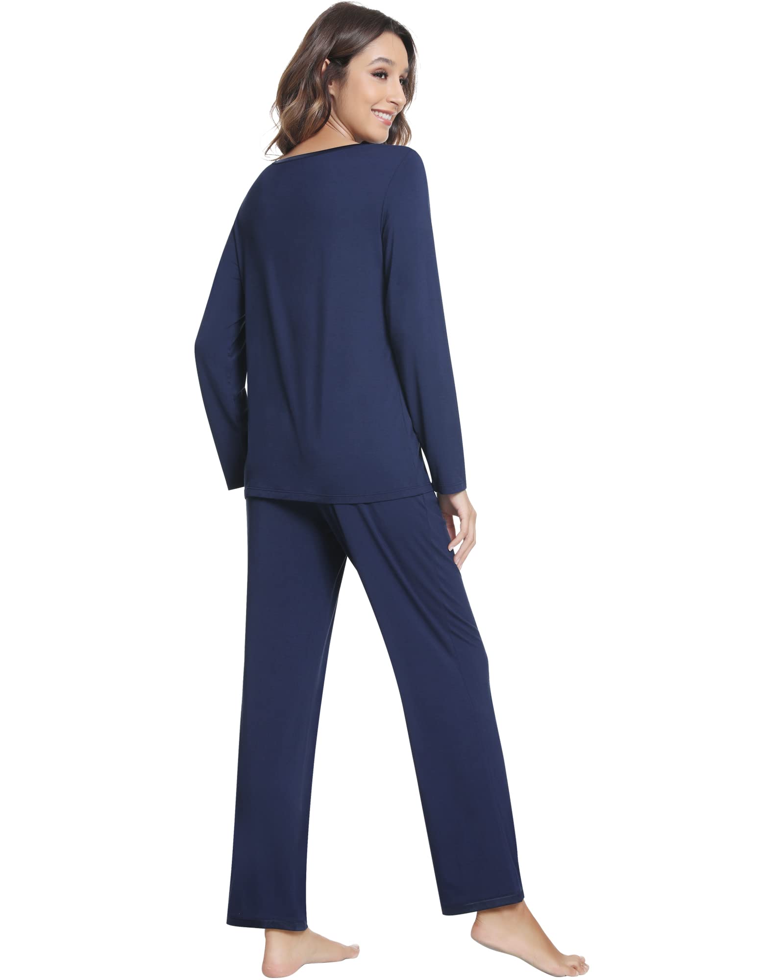 NACHILA Pajamas Set for Women Long Sleeve Pjs Soft Sleepwear Comfy Loungewear Sets with Pants, Viscose Made from Bamboo Navy M