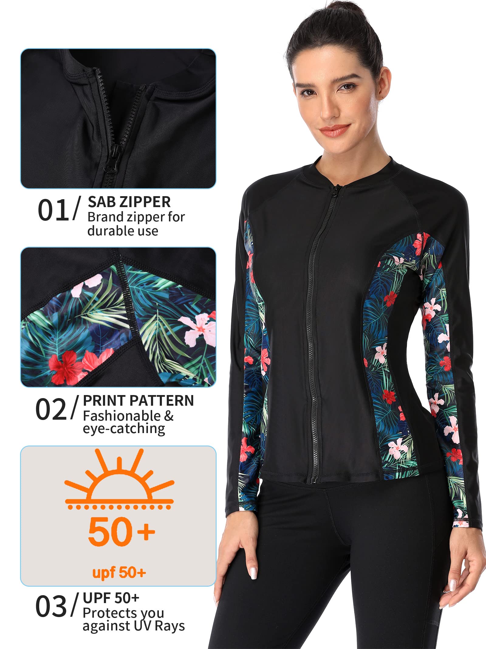 ATTRACO Womens Rash Guard Zip-Front Swimsuit Swim Shirt UV Sun Protection Floral