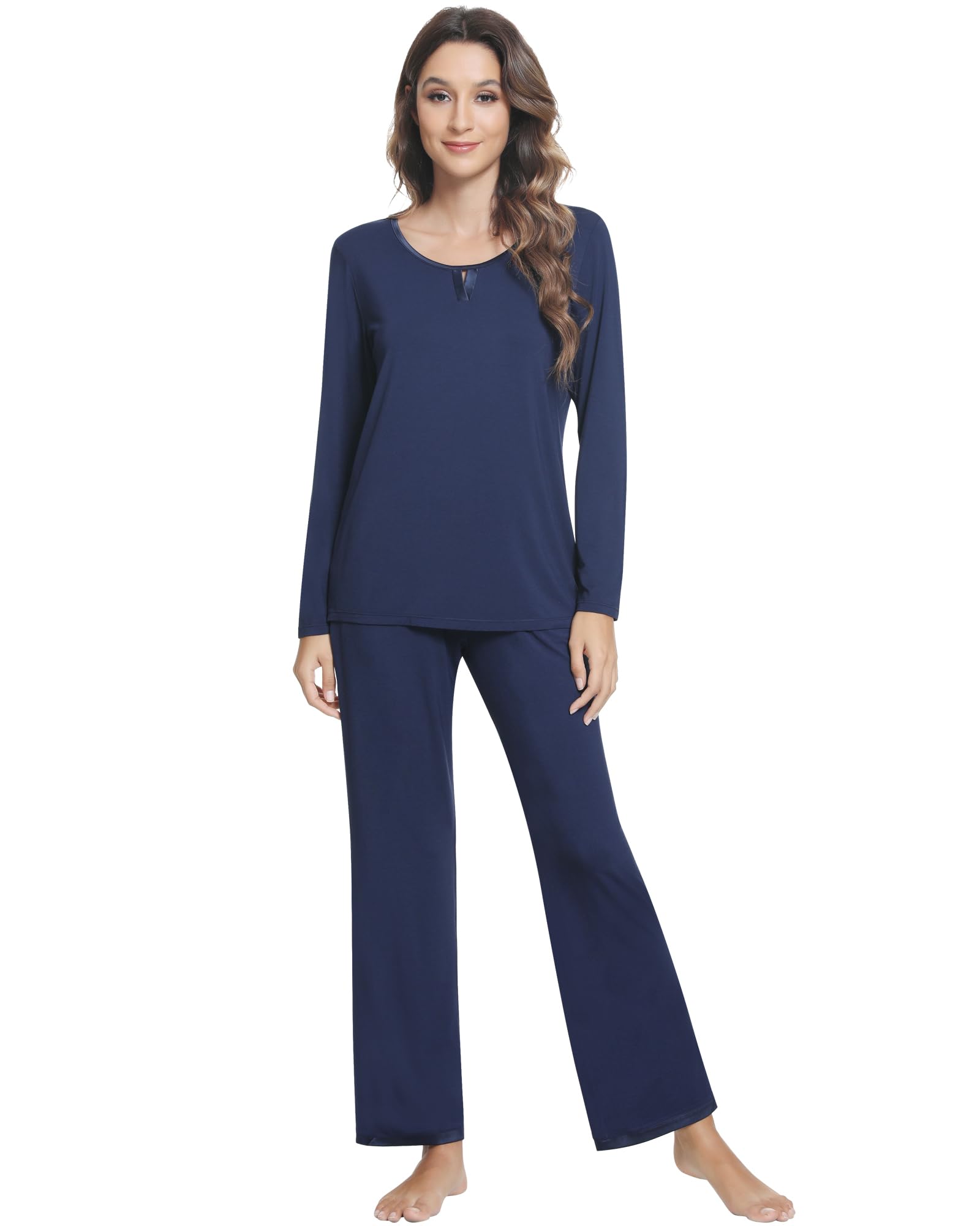 NACHILA Pajamas Set for Women Long Sleeve Pjs Soft Sleepwear Comfy Loungewear Sets with Pants, Viscose Made from Bamboo Navy M