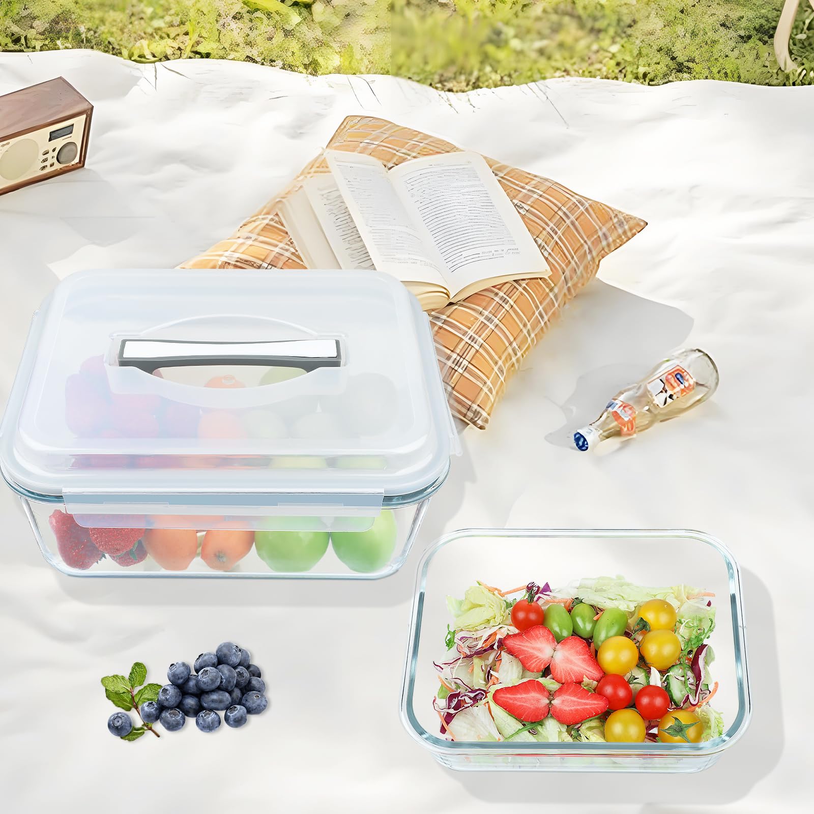 KOMUEE 9 Packs Glass Meal Prep Containers 1&2&3 Compartments,Glass Food Storage Containers with Airtight Lids,Glass Lunch Containers,Glass Bento Boxes,BPA Free,Gray