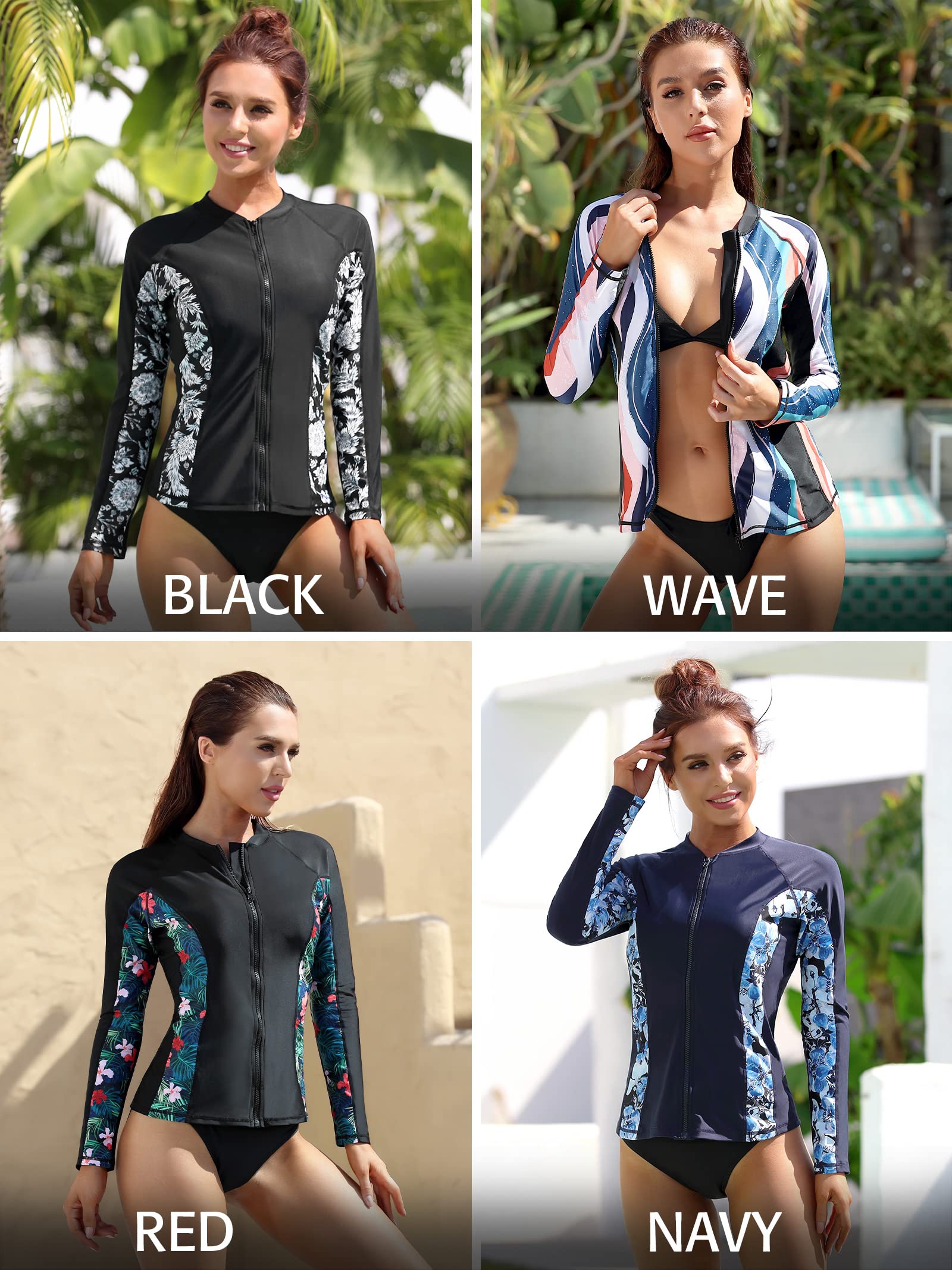 ATTRACO Womens Rash Guard Zip-Front Swimsuit Swim Shirt UV Sun Protection Floral