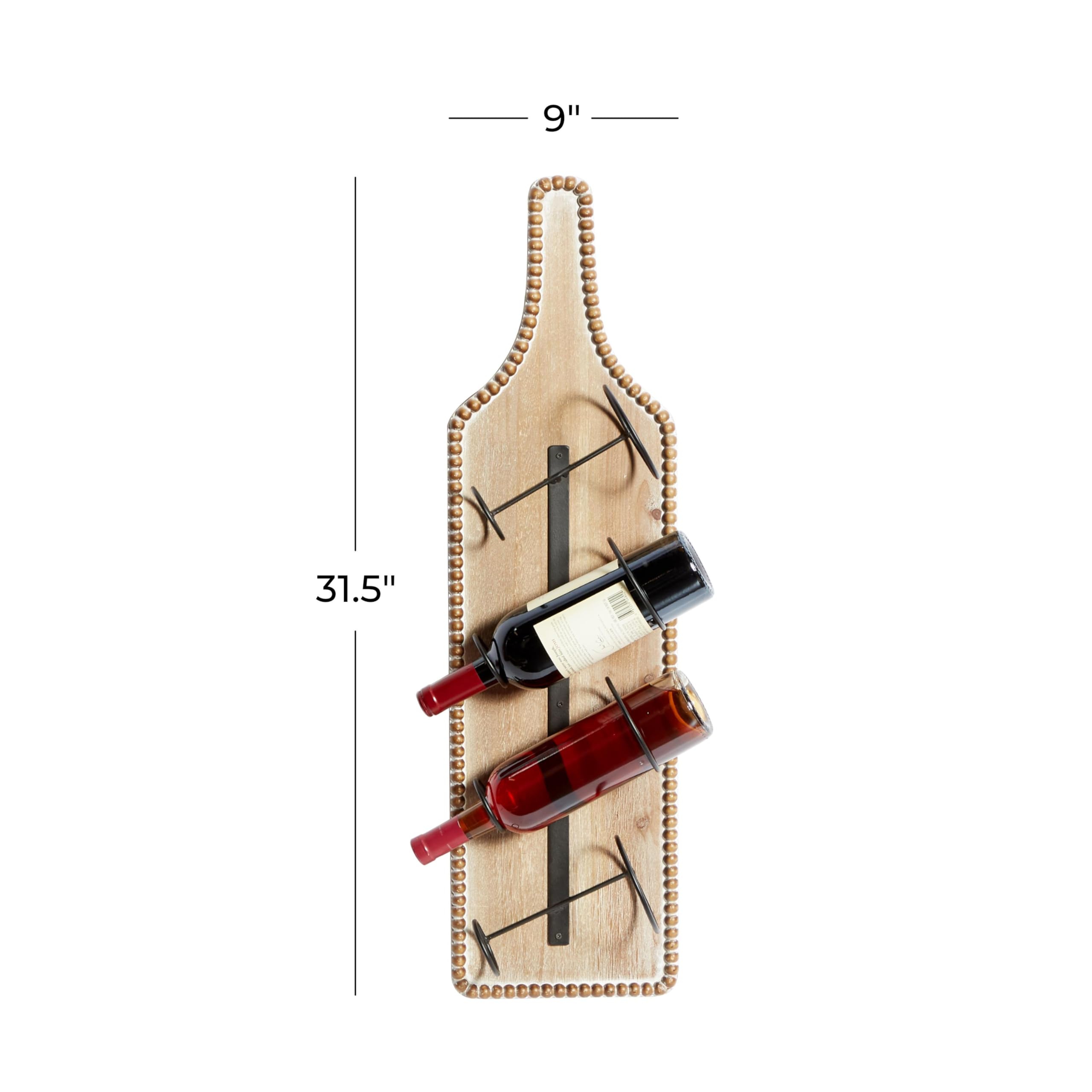 Deco 79 Wood Bottle Shaped 4 Bottle Wall Wine Rack with Beaded Frame, 9" x 5" x 32", Brown