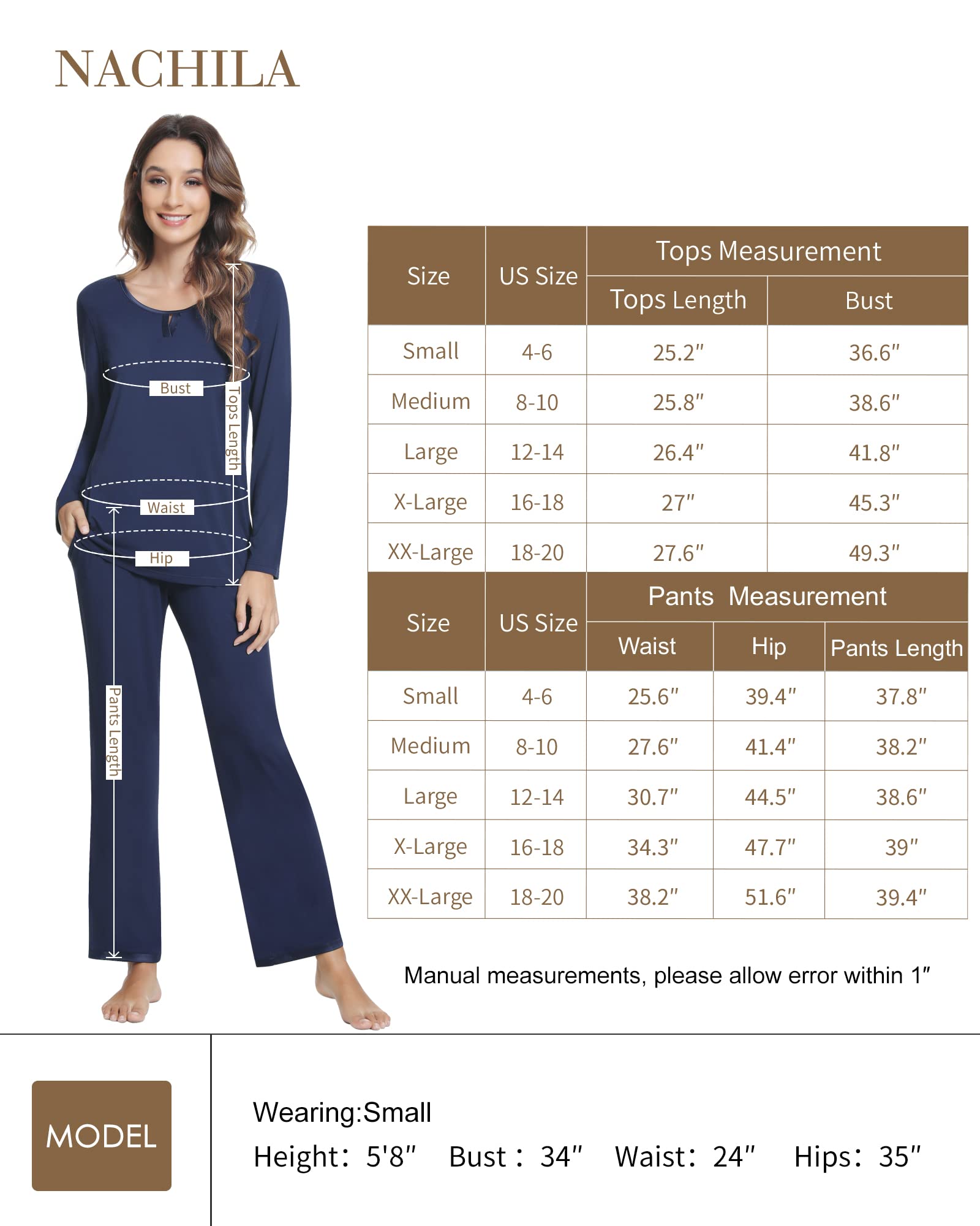 NACHILA Pajamas Set for Women Long Sleeve Pjs Soft Sleepwear Comfy Loungewear Sets with Pants, Viscose Made from Bamboo Navy M
