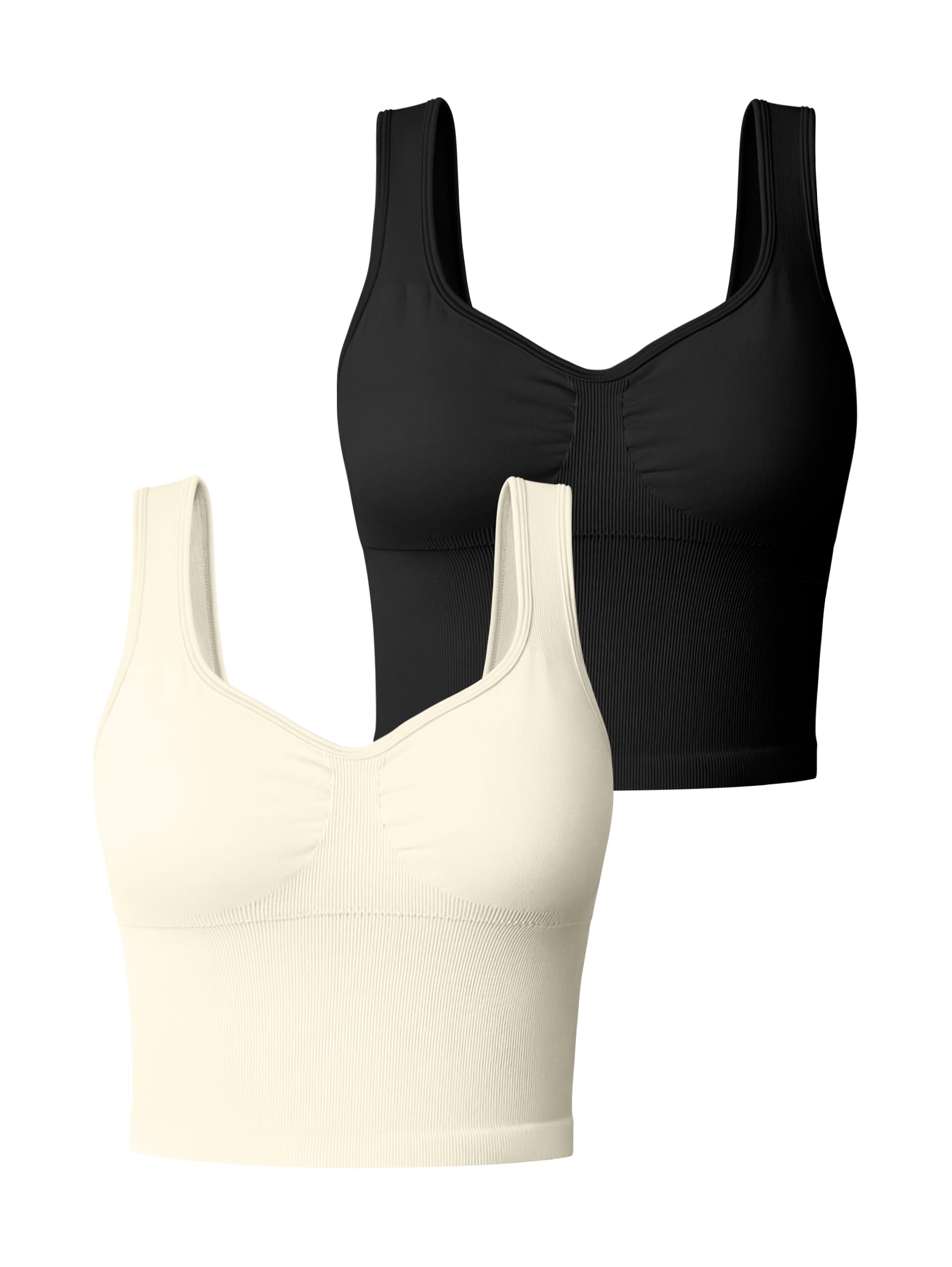 OQQ Women' 2 Piece Tank Tops Seamless Workout Exercise Shirts Padded Sports Bra Yoga Crop Tops Black Beige