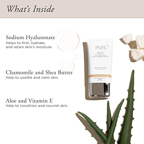 PÜR 4-in-1 Tinted Moisturizer With SPF 20 - Hydrating Face Moisturizer, Primer, & Foundation With Shea Butter, Aloe Vera & Vitamin B3 - Vegan Friendly - Free of Paraben, Gluten & BPA - Warm Nude