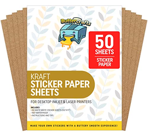 Kraft Sticker Paper (50 Sheets, 8.5" x 11") - Brown Printer Paper with Adhesive, Printable Kraft Labels, Brown Textured Labels, Custom Printable Craft Label for Address, Bottle, Price Tag Stickers