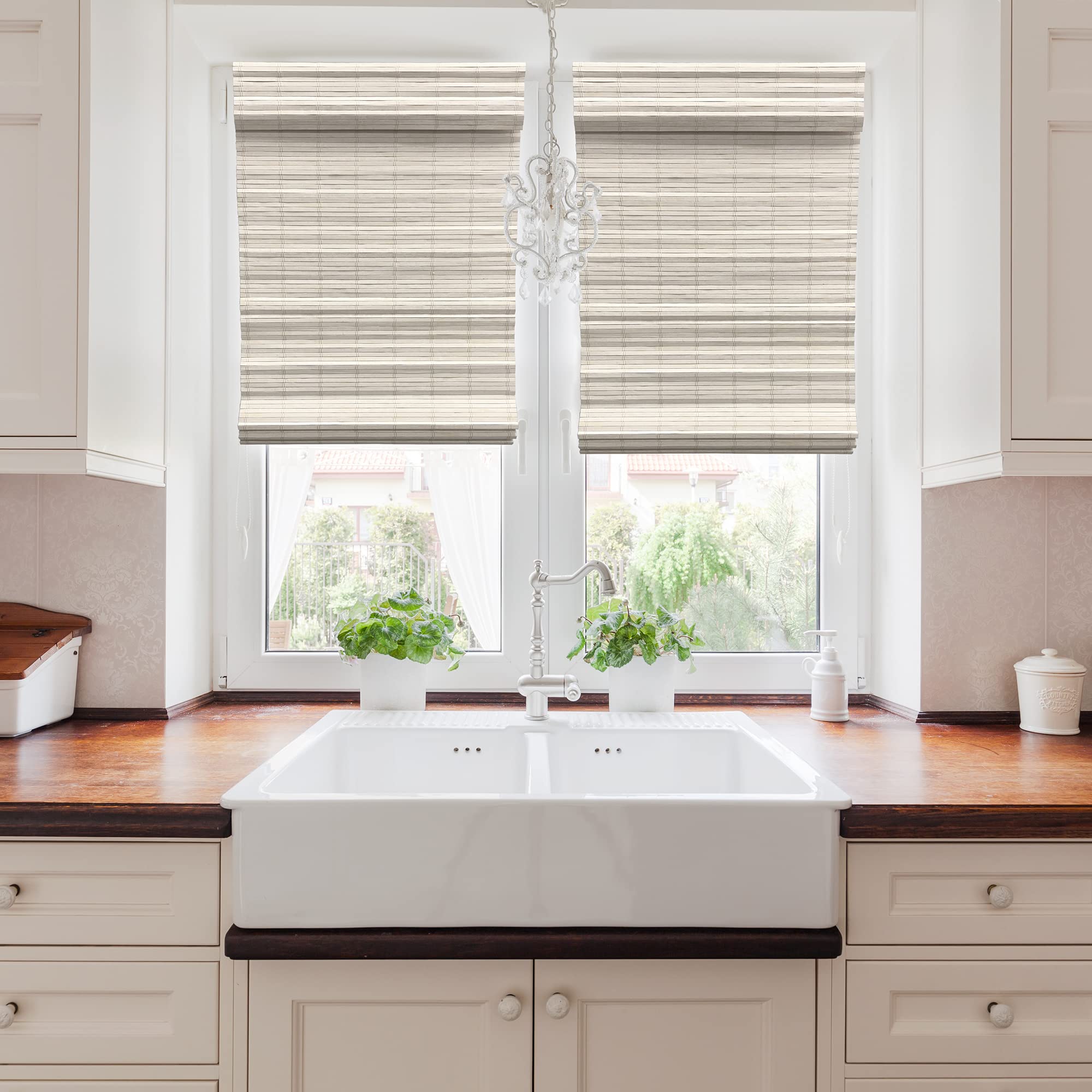 Radiance Cordless Distressed White Brooklyn Flatstick Bamboo Roman Shade - 39 in. W x 64 in. L