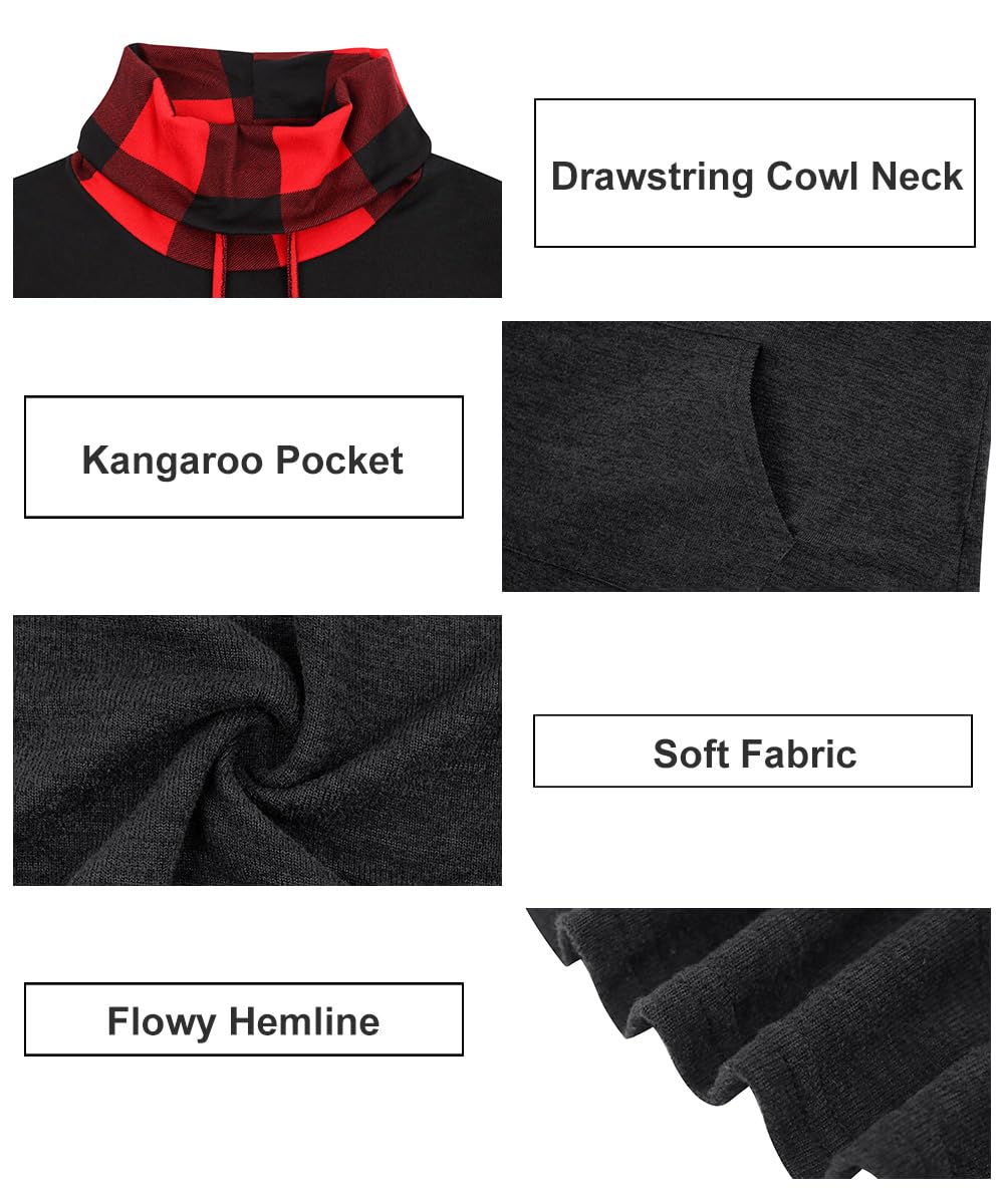 TIYOMI Womens Plus Size Tops Mock Neck Long Sleeve Shirts Turtleneck Raglan Tunics with Pocket Fall Winter 2XL Drawstring Loose Comfy Sweatshirt Solid Casual Colorblock Black Red Plaid Pullover