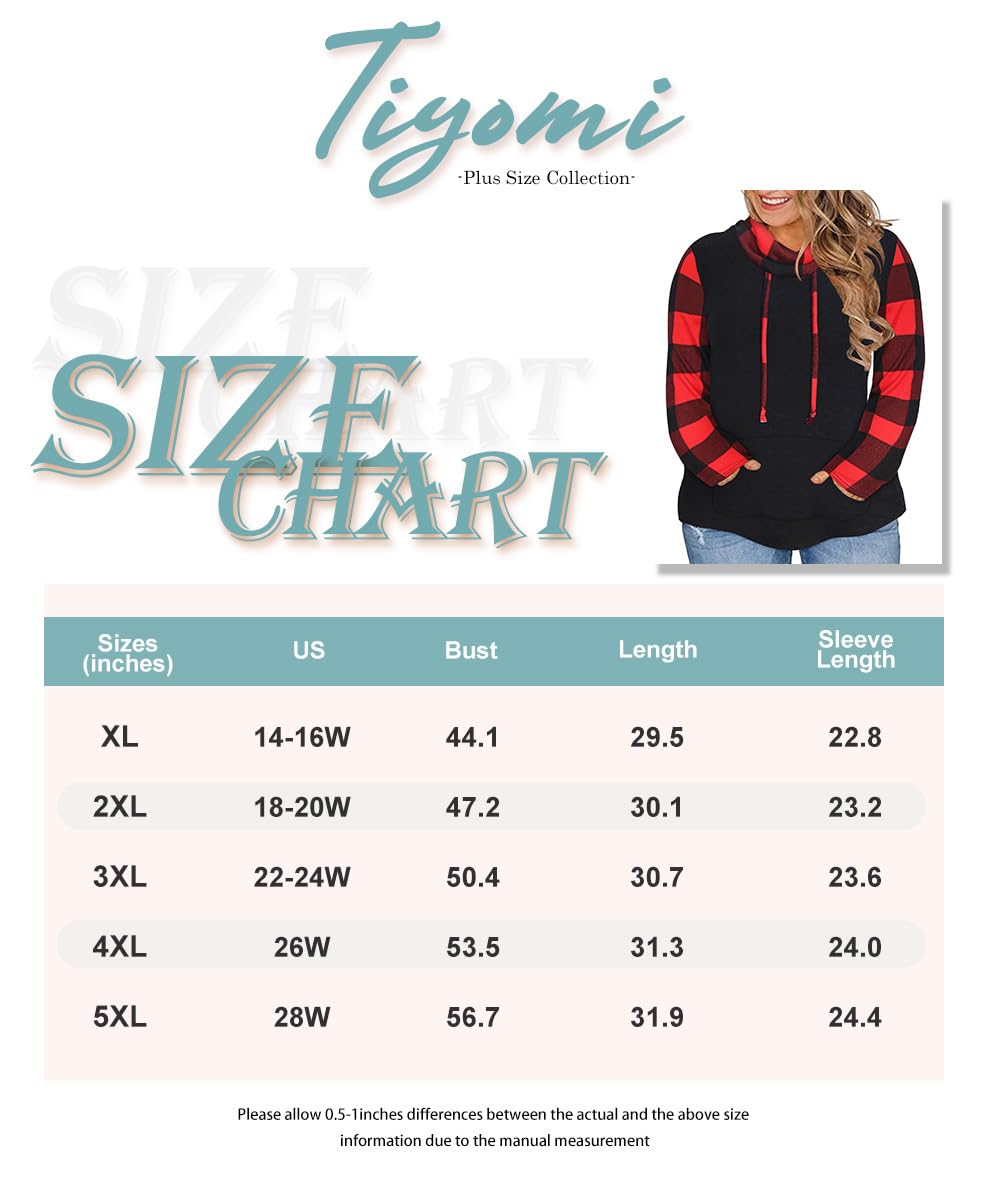 TIYOMI Womens Plus Size Tops Mock Neck Long Sleeve Shirts Turtleneck Raglan Tunics with Pocket Fall Winter 2XL Drawstring Loose Comfy Sweatshirt Solid Casual Colorblock Black Red Plaid Pullover