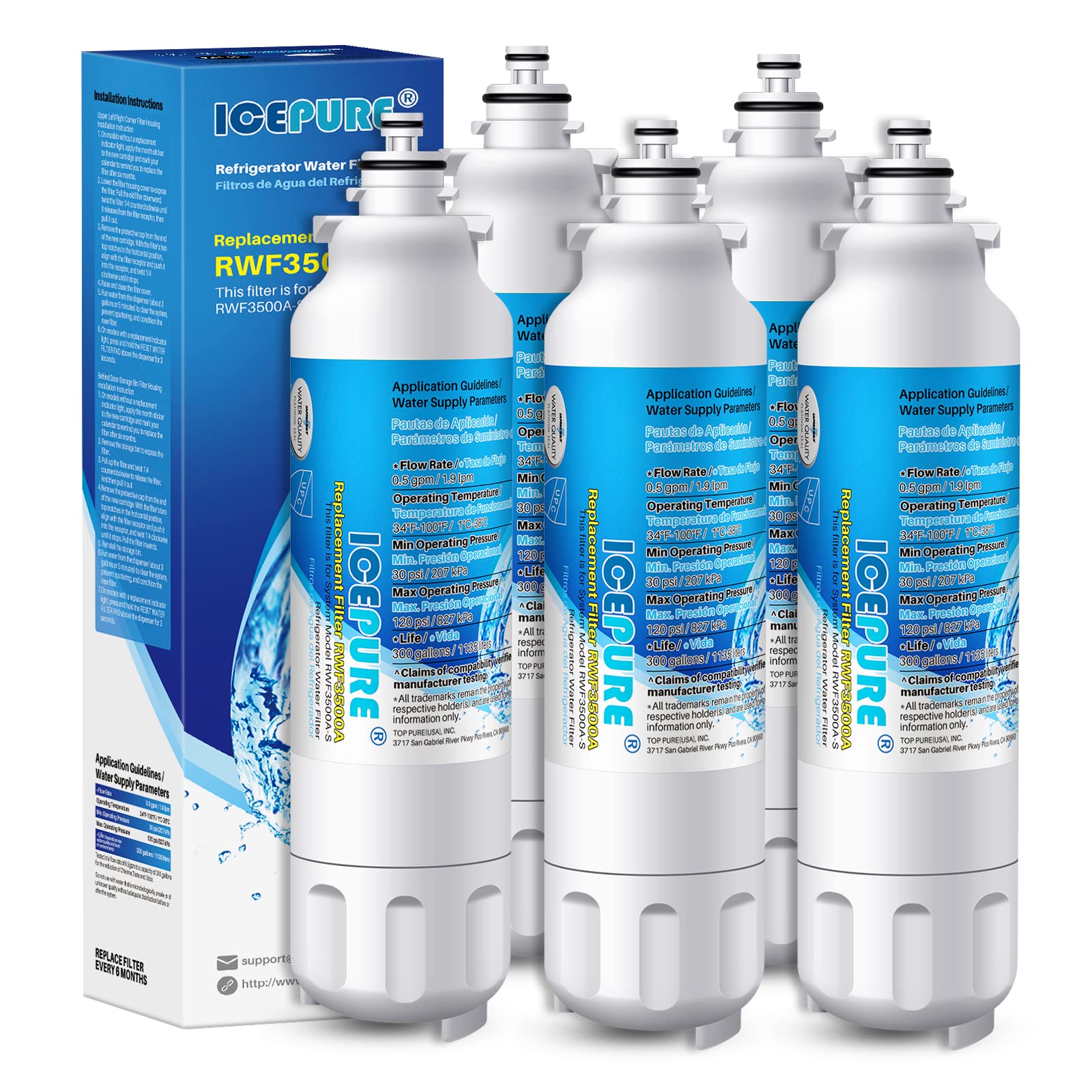 ICEPURE ADQ73613401 Refrigerator Water Filter Replacement for LG LT800P, Kenmore 9490, 46-9490, ADQ73613403, ADQ73613402, LSXS26326S, LSXS26366S, LMXC23746S, LMXC23746D, LMXS30776S, RWF3500A, 5PACK