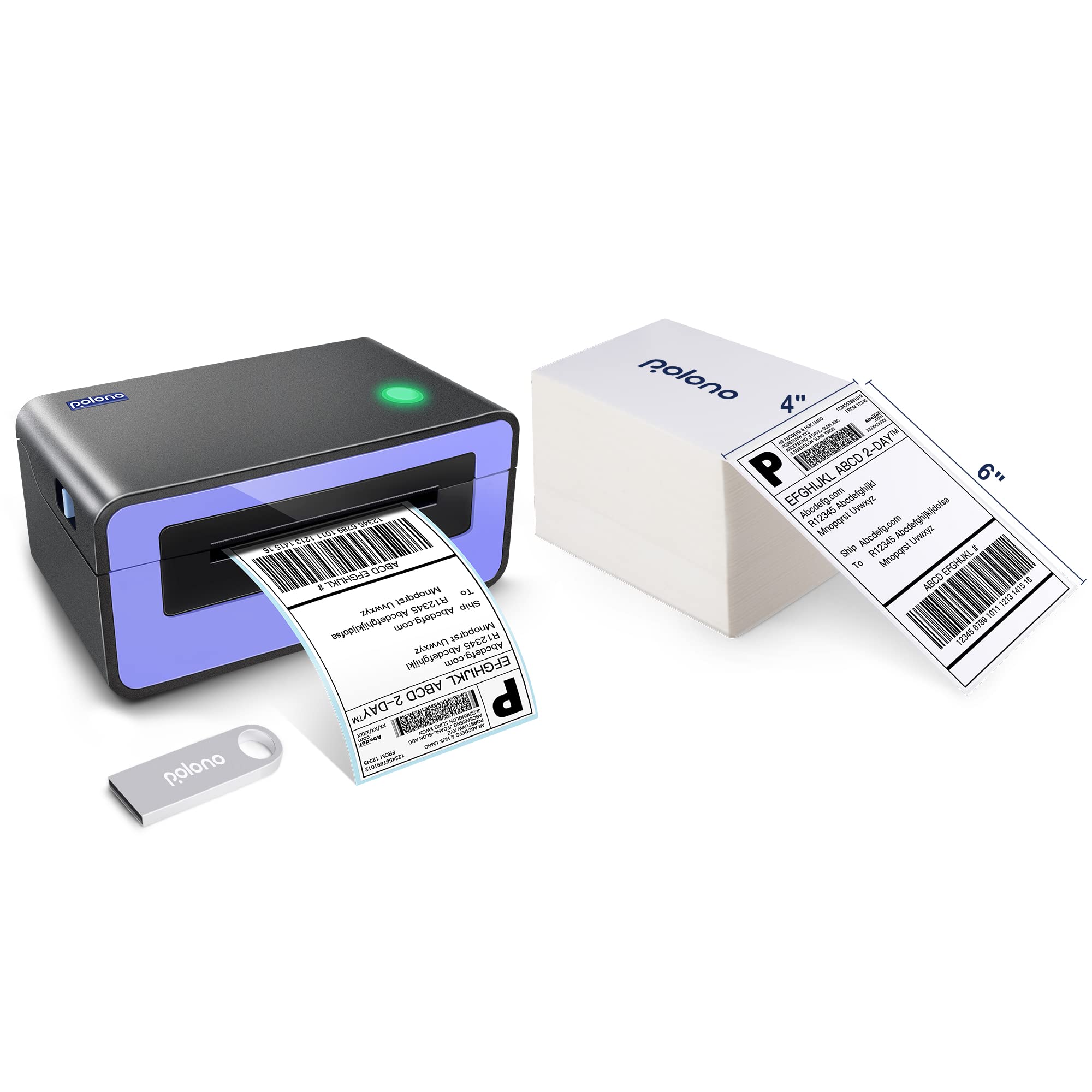 POLONO Shipping Label Printer, 4x6 Thermal Label Printer for Shipping Packages, Commercial Direct Thermal Label Maker, Thermal Labels, 4" x 6" Direct Thermal Shipping Labels (Pack of 500)