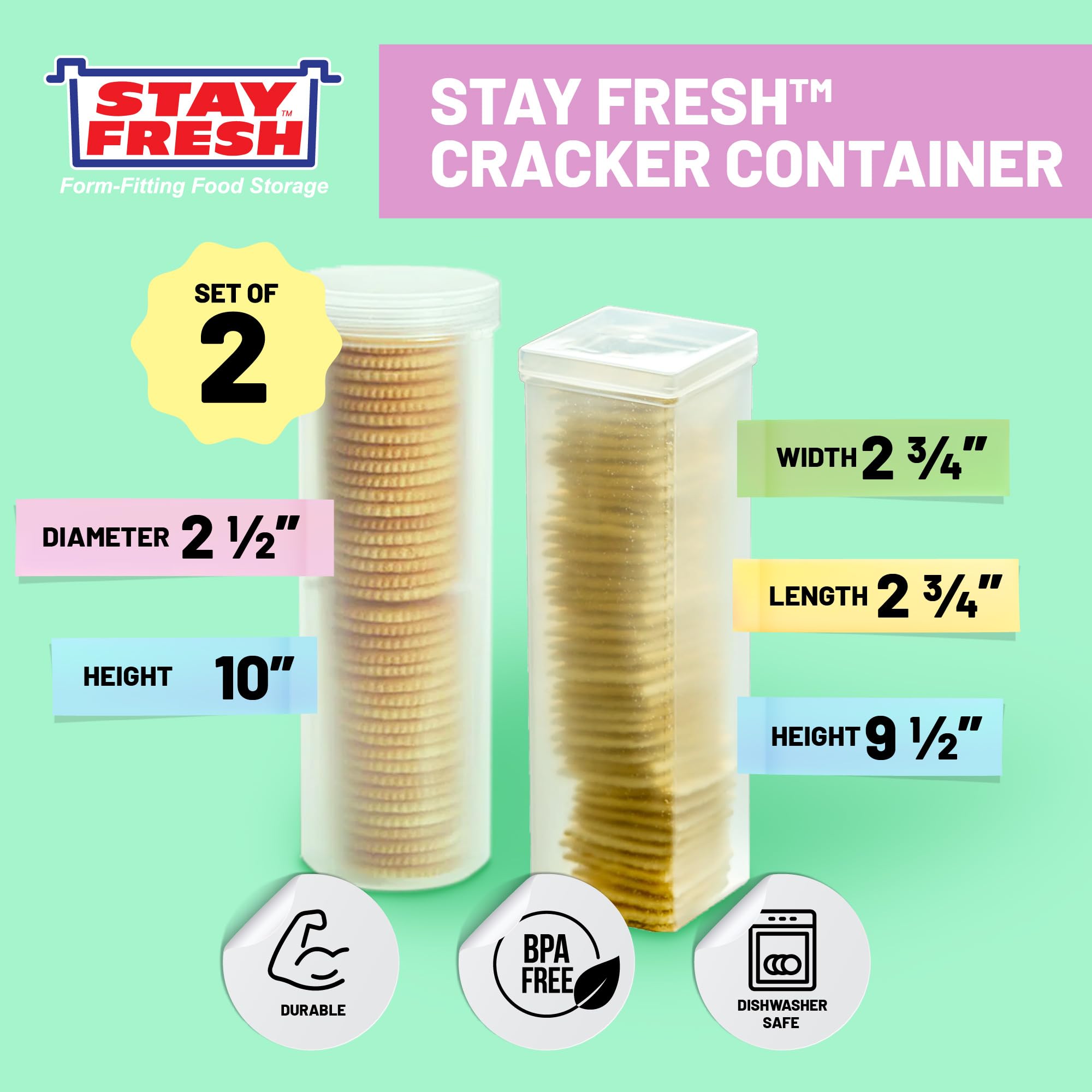 Stay Fresh Cracker Container Set β Kitchen Discovery β Round and Square Sizes for No-Crush Saltine, Cracker, and Cookie Storage β Retains Just-Opened Crispness and Flavor