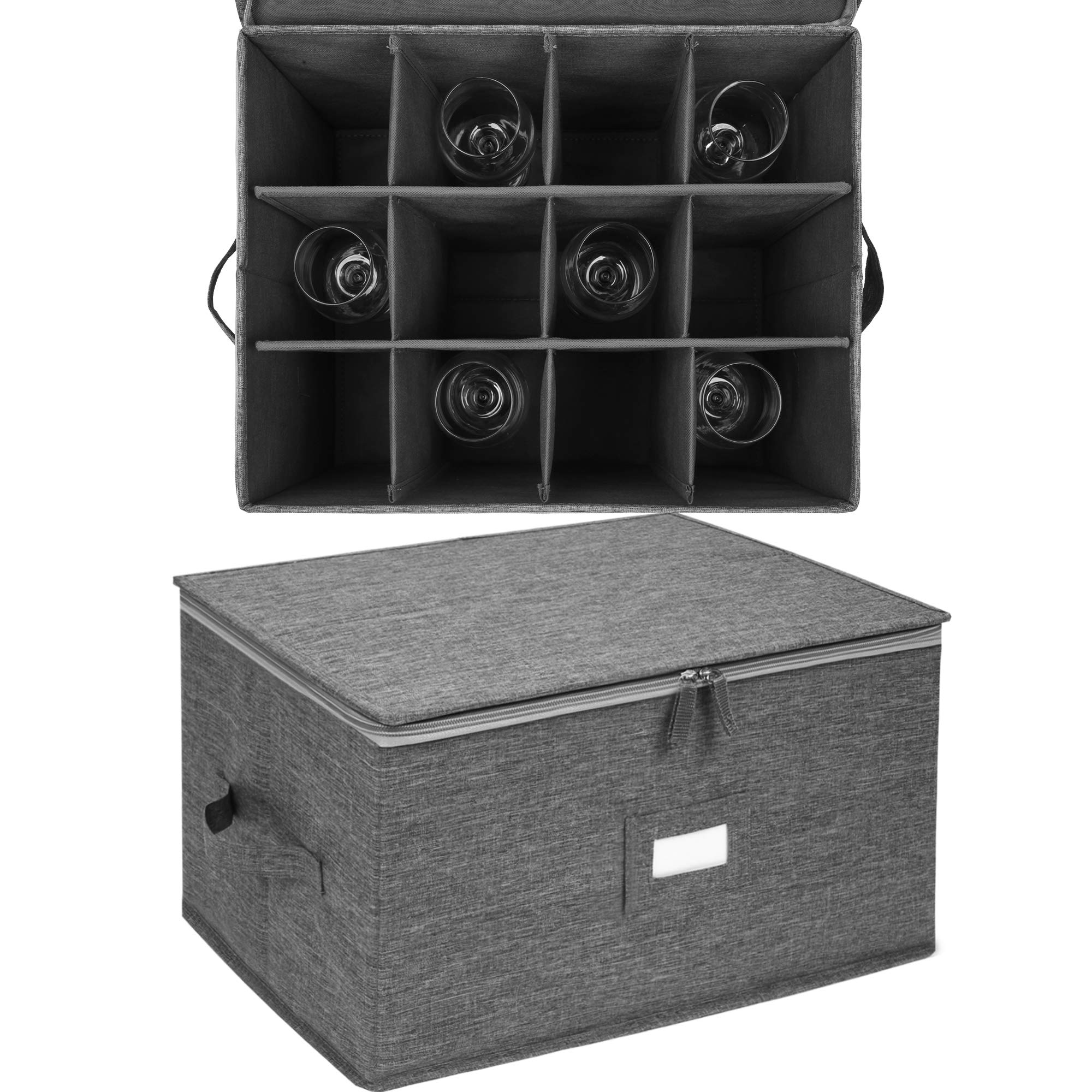 Stemware Storage Cases, Wine Glass Storage Box Containers for Glassware or Crystal, Holds 12 Red or White Wine Glasses, Hard Top and Sides (Grey)