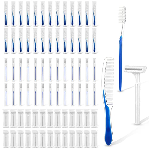 150 Pcs Disposable Toothbrushes and Comb Razors Bulk Individually Wrapped Soft Bristle Travel Toothbrush Kit Hair Combs Stainless Steel Blade Shaving Razors for Homeless Hotel Nursing Home Charity
