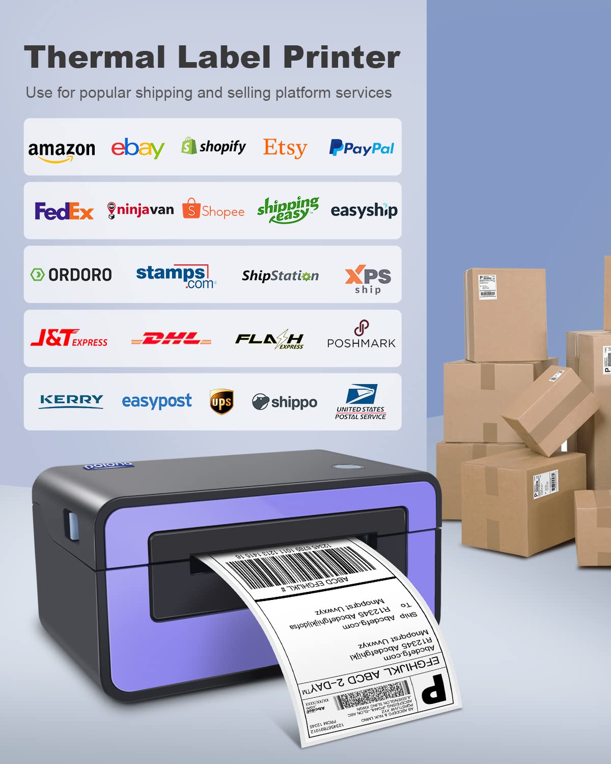 POLONO Shipping Label Printer, 4x6 Thermal Label Printer for Shipping Packages, Commercial Direct Thermal Label Maker, Thermal Labels, 4" x 6" Direct Thermal Shipping Labels (Pack of 500)
