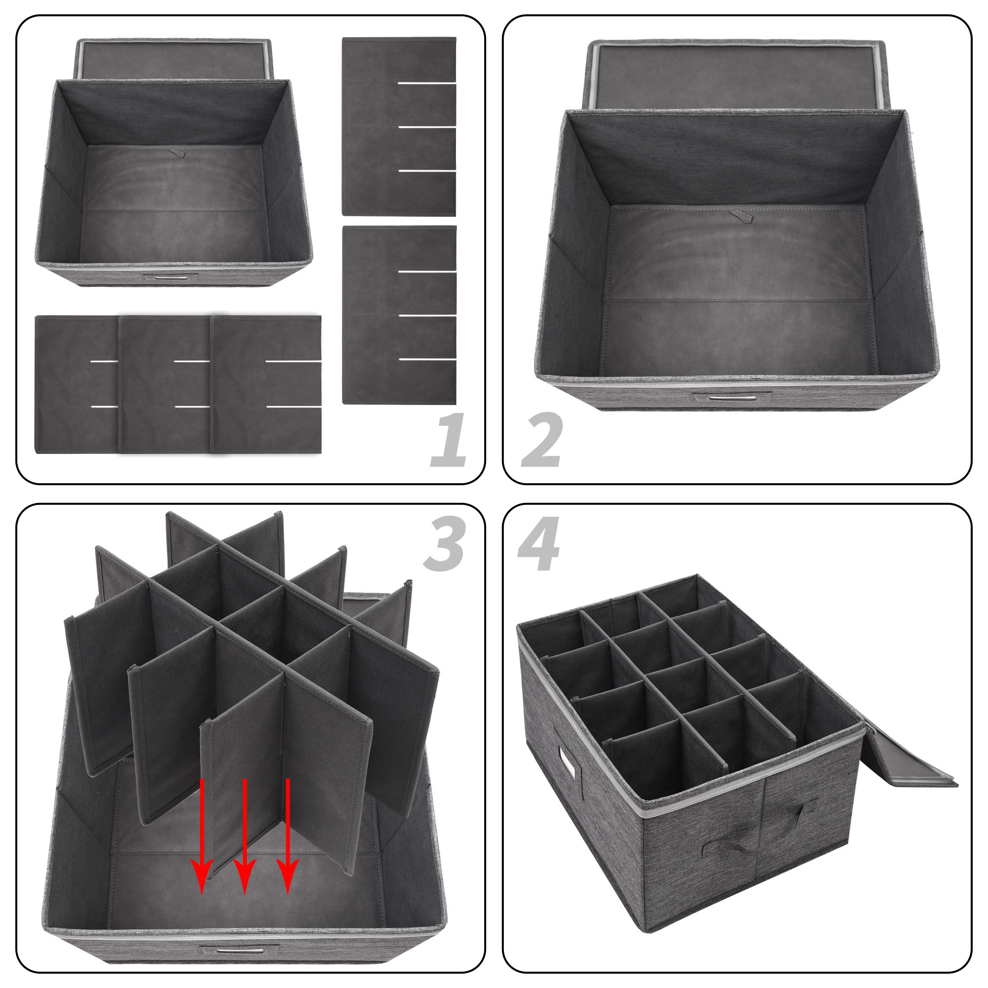 Stemware Storage Cases, Wine Glass Storage Box Containers for Glassware or Crystal, Holds 12 Red or White Wine Glasses, Hard Top and Sides (Grey)