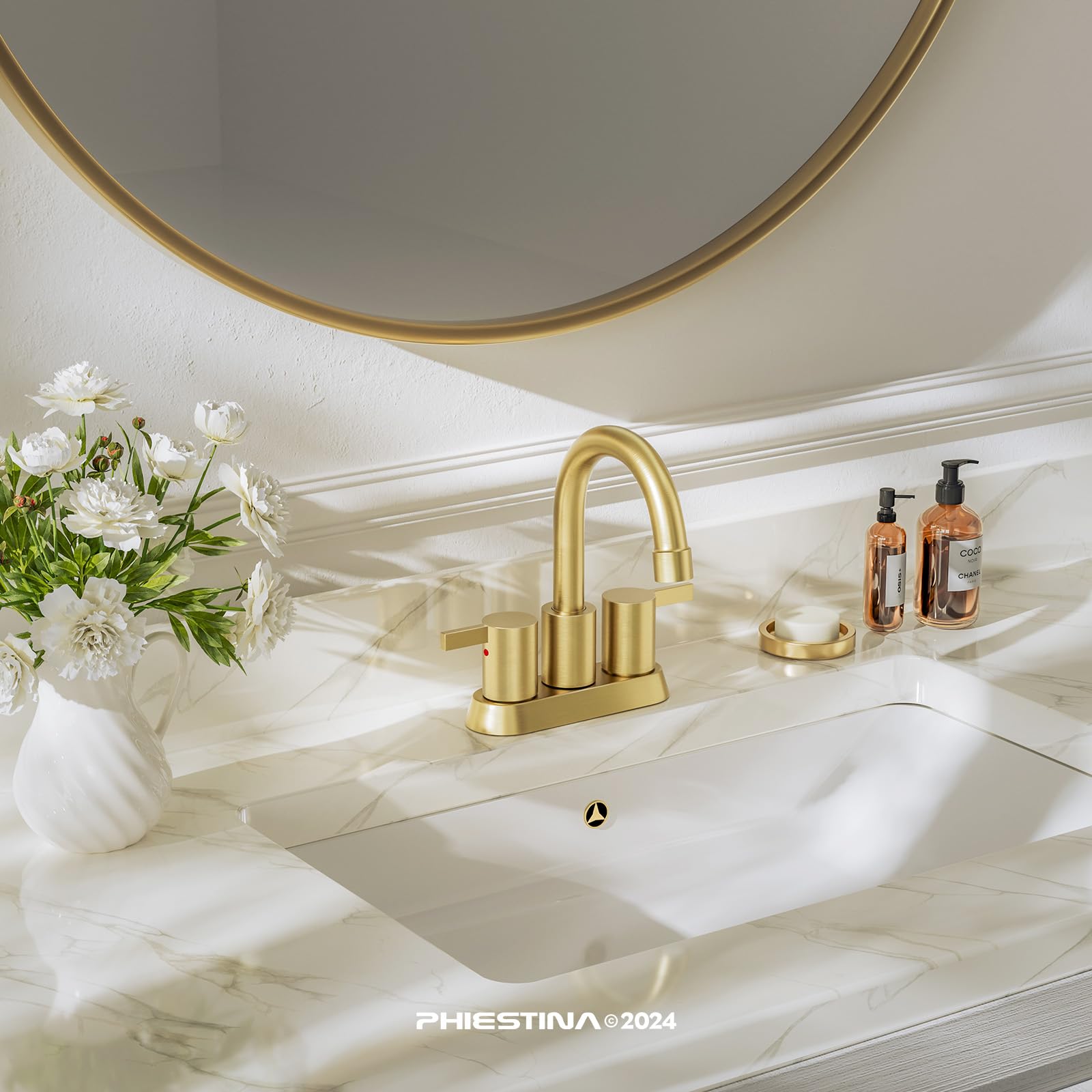 Brushed Gold 4 Inch 2 Handle Centerset Lead-Free Bathroom Faucet, Swivel Spout with Copper Pop Up Drain and 2 Water Supply Lines, BF015-1-BG