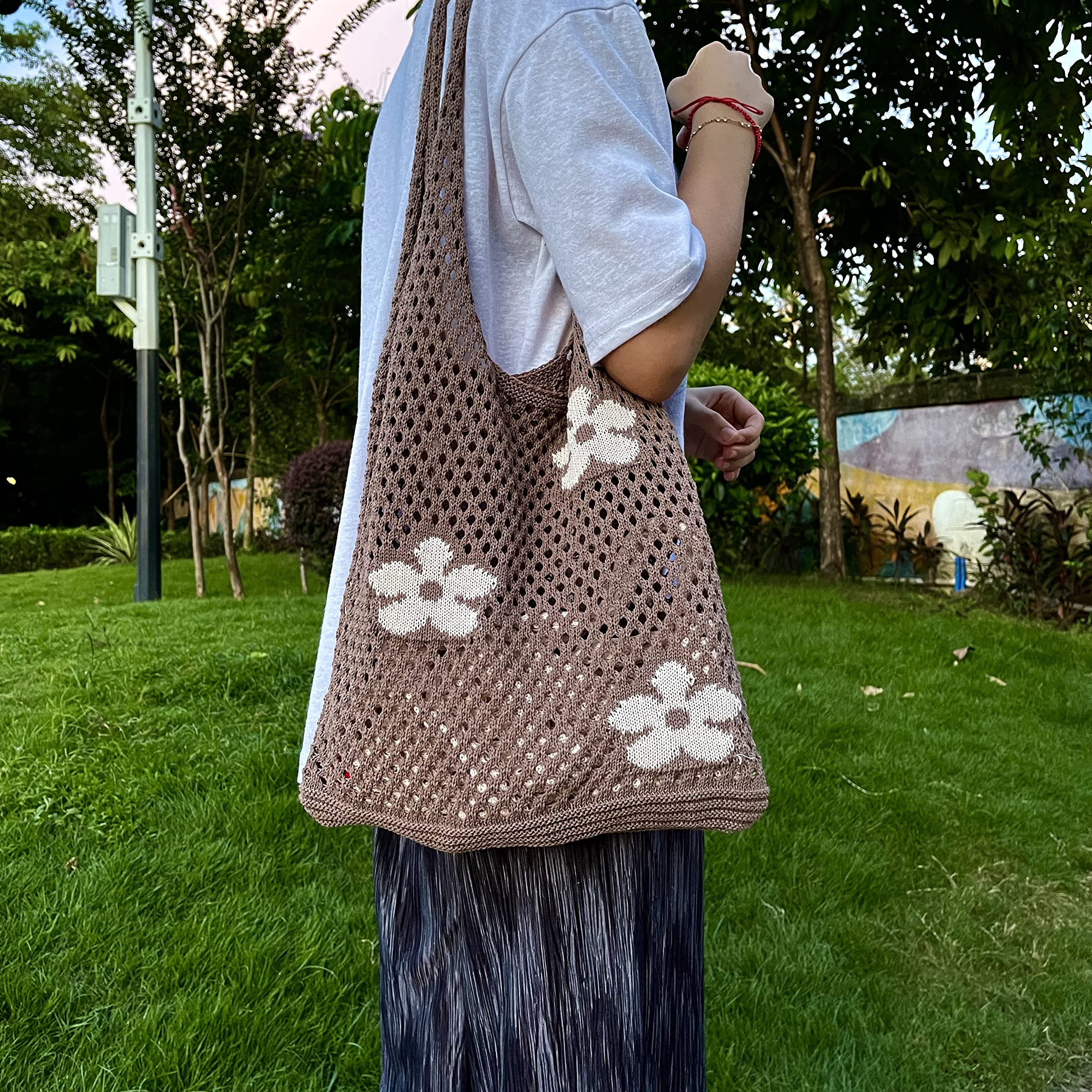 Cute Crochet Tote Bag With Mesh, Perfect For Beach & Pool - Includes 1 Flower KeyChain and 2 Sunflower Bracelets - Women's Accessory
