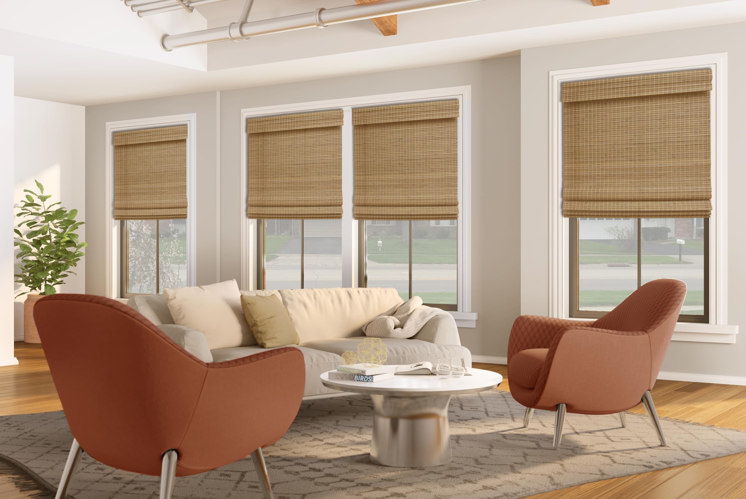 Cordless Woven Wood Roman Shades, 24W x 48H, Eastfield Teak, Sizes 20-72 Wide and 24-72 High