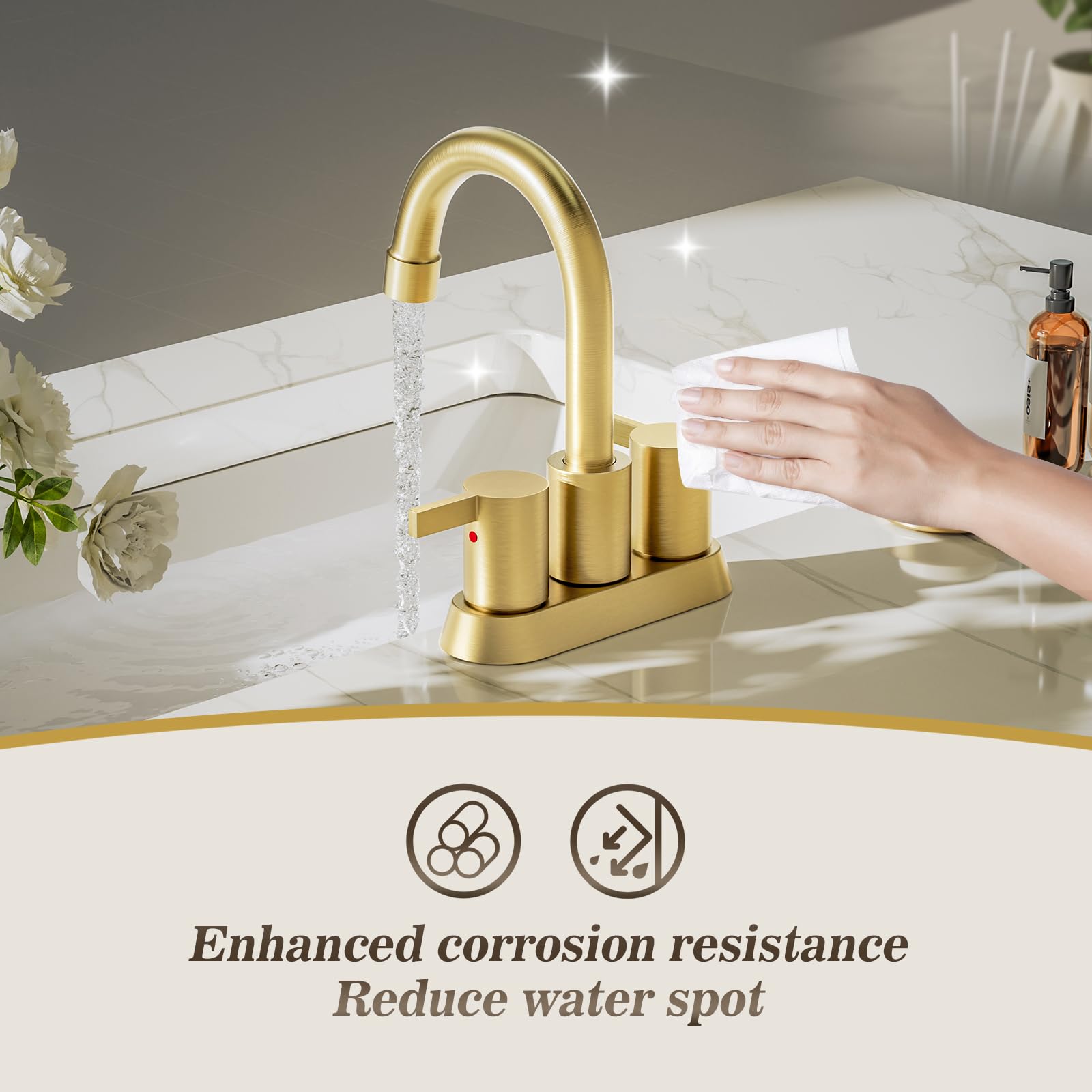 Brushed Gold 4 Inch 2 Handle Centerset Lead-Free Bathroom Faucet, Swivel Spout with Copper Pop Up Drain and 2 Water Supply Lines, BF015-1-BG
