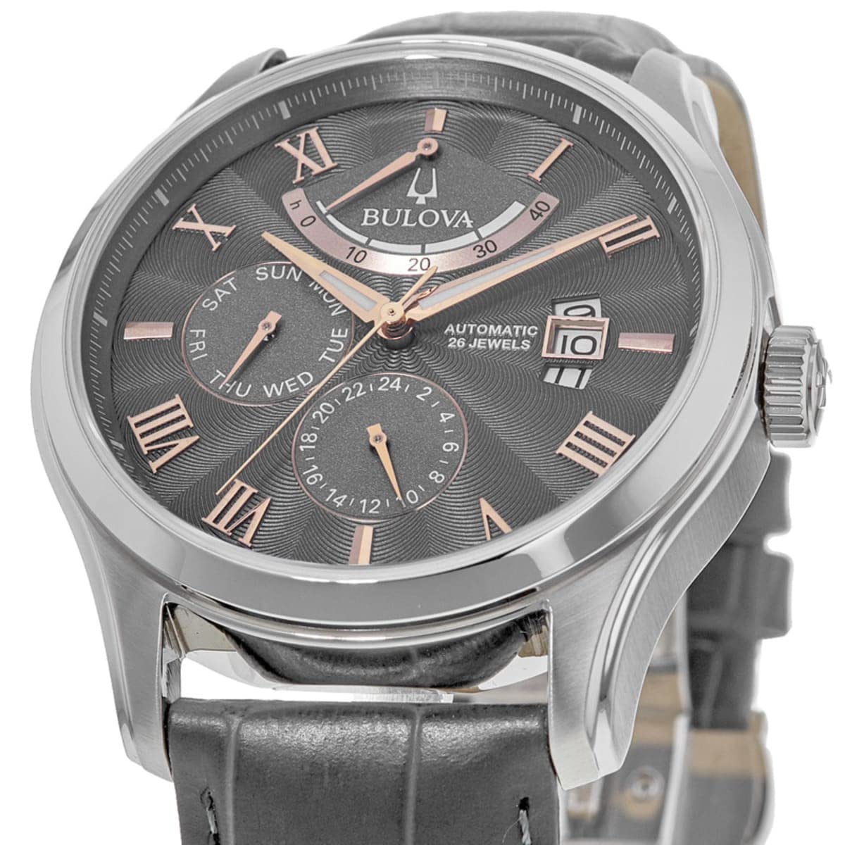 Bulova Men's Classic Wilton 26-Jewel Automatic Leather Strap Watch, 40 Hour Power Reserve, Domed Sapphire Crystal, Exhibition Case Back, Luminous Hands, 43mm