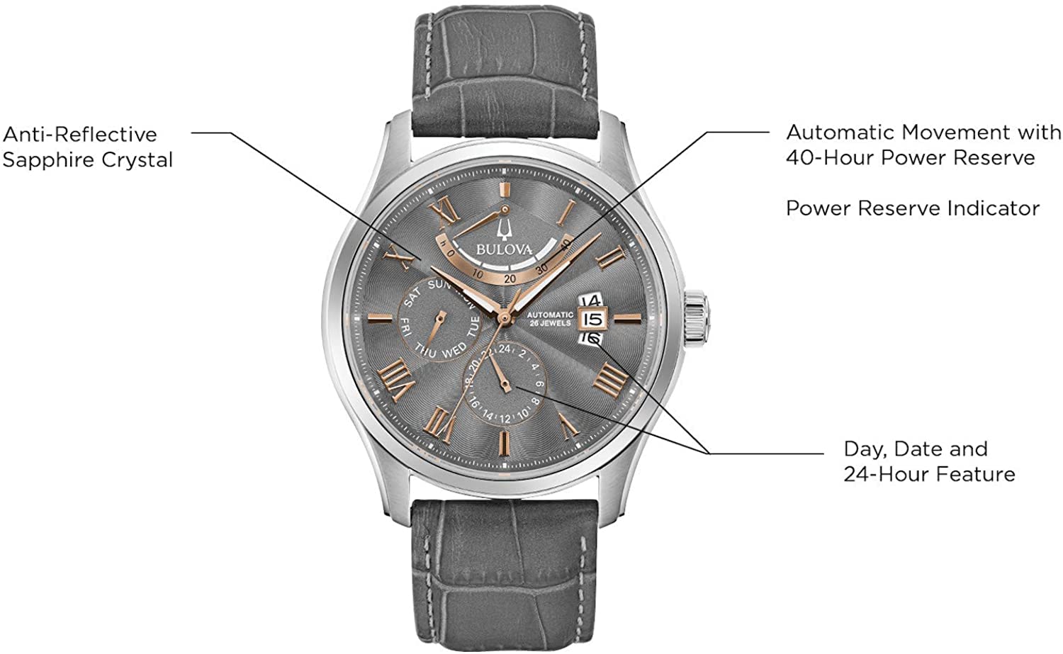 Bulova Men's Classic Wilton 26-Jewel Automatic Leather Strap Watch, 40 Hour Power Reserve, Domed Sapphire Crystal, Exhibition Case Back, Luminous Hands, 43mm