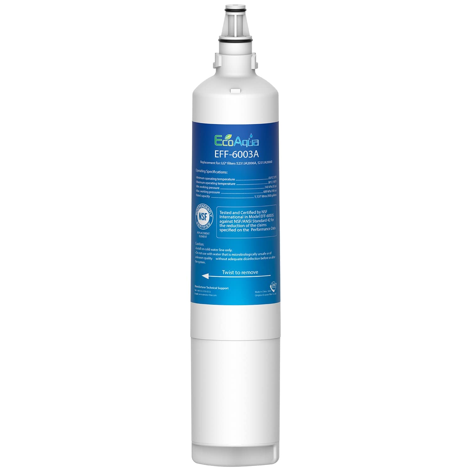 EcoAqua 5231JA2006A Refrigerator Water Filter, Replacement for LG® LT600P®, 5231JA2006A, 5231JA2006B, KENMORE 46-9990, 9990, 469990 Refrigerator Replacement Filter
