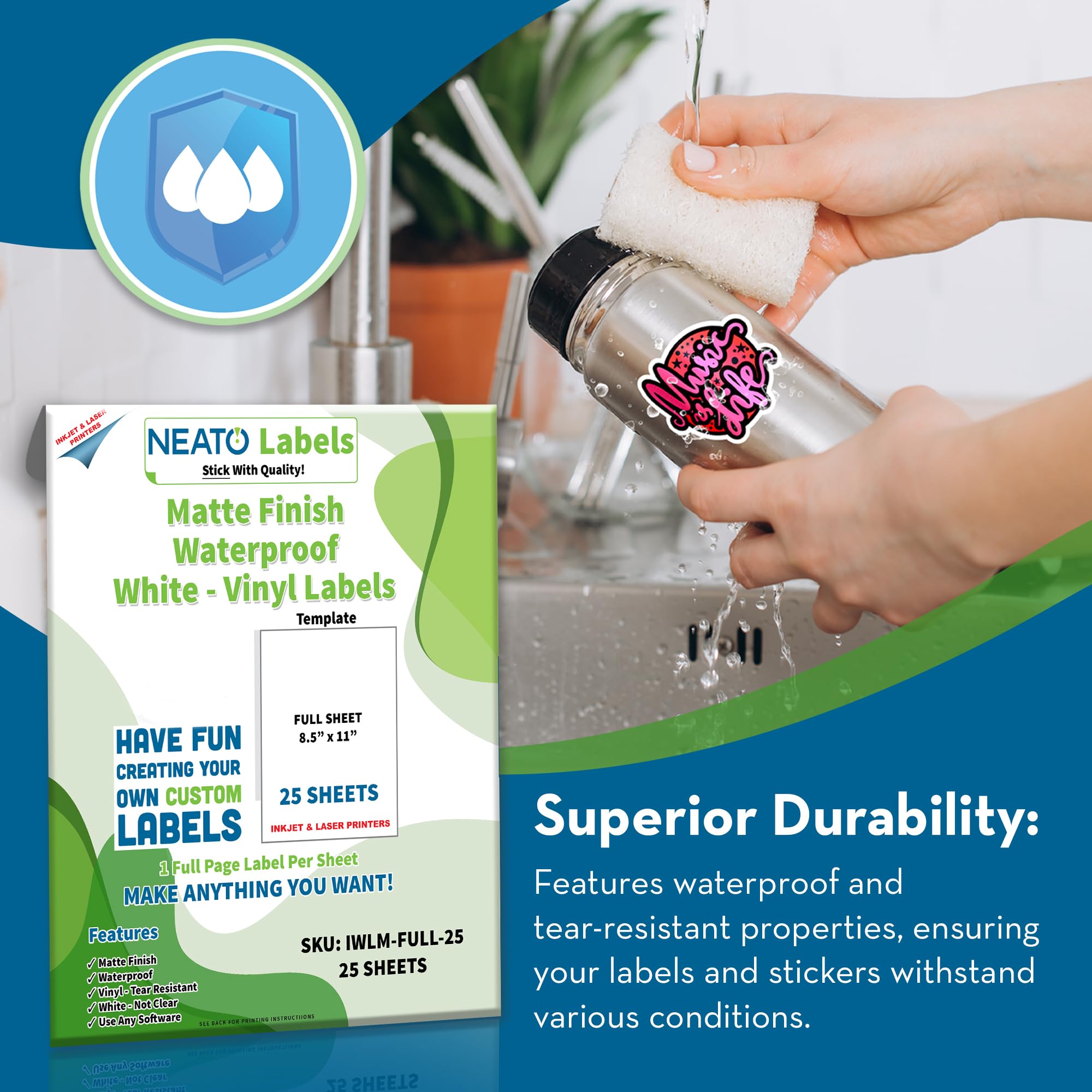Custom Printable Matte Vinyl Stickers - 25 Sheets - Waterproof, Tear Resistant Full Sheet Label for Inkjet & Laser Printers & All Cutting Machines - 8.5 x 11" - Customizable Blank White Stickers