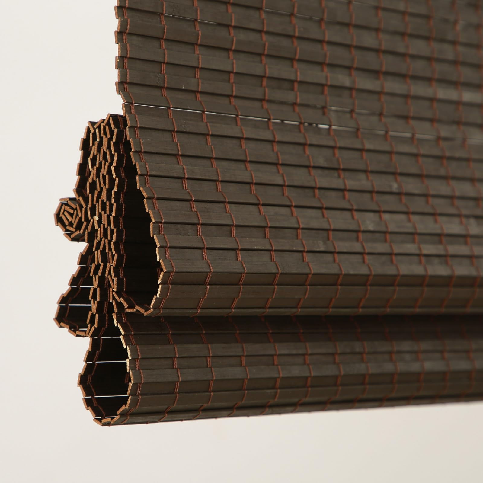 Comzone Blinds Cordless Blackout Bamboo Roman Shades, Easy Installation Natural Bamboo Woven Wood Window Shades, Custom Privacy Lined Bamboo Blinds with 6 Inches High Valance for Windows, Espresso