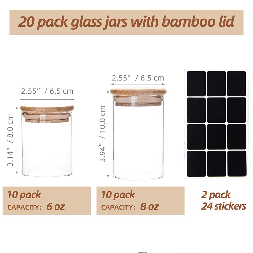 YANGNAY 20 Pack Glass Jars with Bamboo Lids, Spice Tea Herb Storage Containers, Stackable, 2 Size (6 oz, 8 oz)