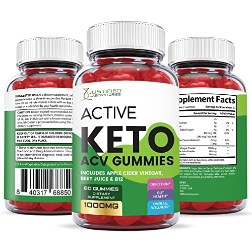 Justified Laboratories (10 Pack) Active Keto ACV Gummies 1000MG with Pomegranate Juice Beet Root B12 300 Gummys