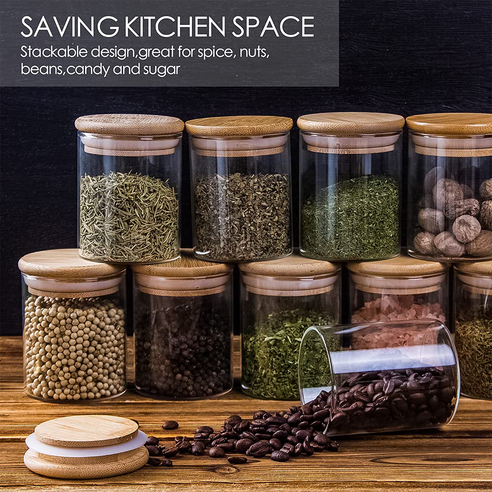 YANGNAY 20 Pack Glass Jars with Bamboo Lids, Spice Tea Herb Storage Containers, Stackable, 2 Size (6 oz, 8 oz)